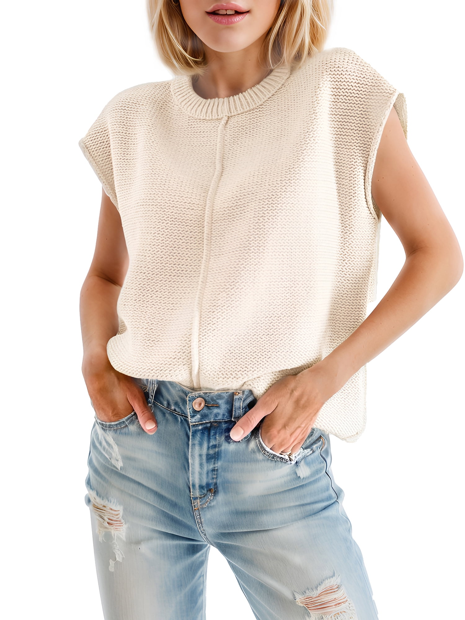 EASTHER Womens Summer Cap Sleeve Tops Casual Crew Neck Loose Fit Knit ...