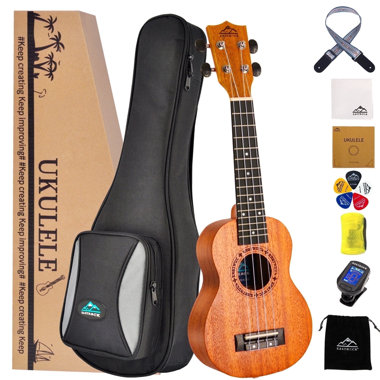 EASTROCK Mahogany Soprano Ukulele Beginner Kit 21 inch Solid Wood with ...