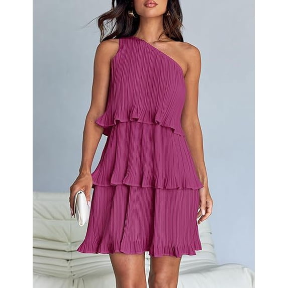 EASYBRA Women One Shoulder Layered Princess Dress Solid Color ...