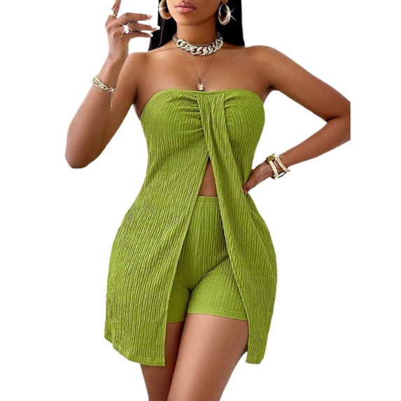 EASYBRA Womens Strapless Ribbed Tube Top and Shorts Set Casual Summer ...