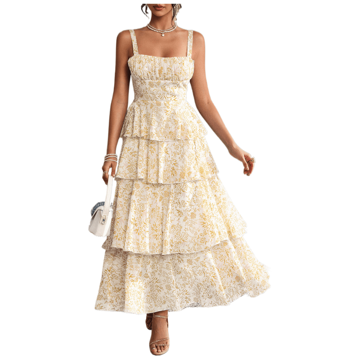 EASYBRAUS Women Floral Chiffon Maxi Dress Square Neck Sleeveless Spring ...