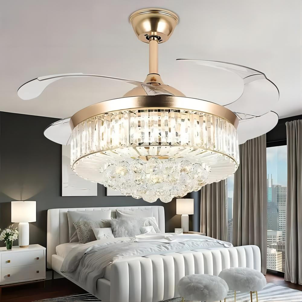 "EASYG 36"" Gold Crystal Ceiling Fan with LED Light, Chandelier Remote ...