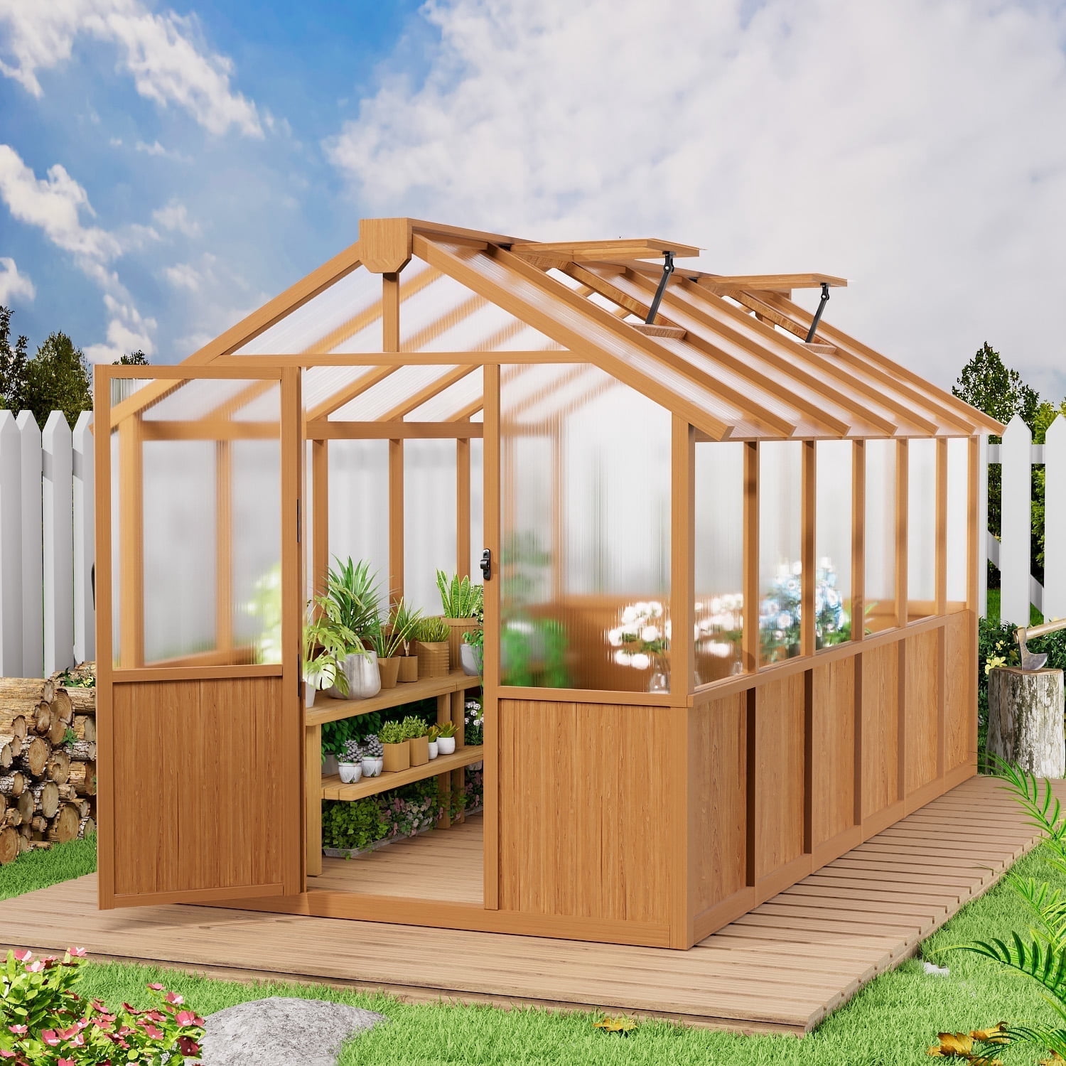 EASYHAWK 6 ft. x 12 ft. Wood Greenhouse for Outdoors, Polycarbonate ...