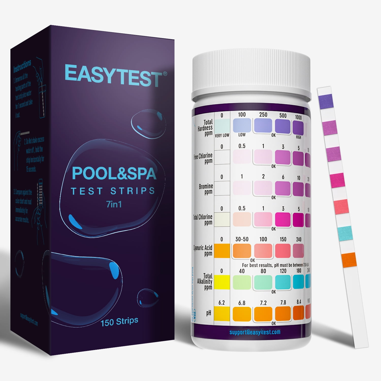 EASYTEST 7-Way Pool Test Strips 150 Strips Water Chemical Testing ...
