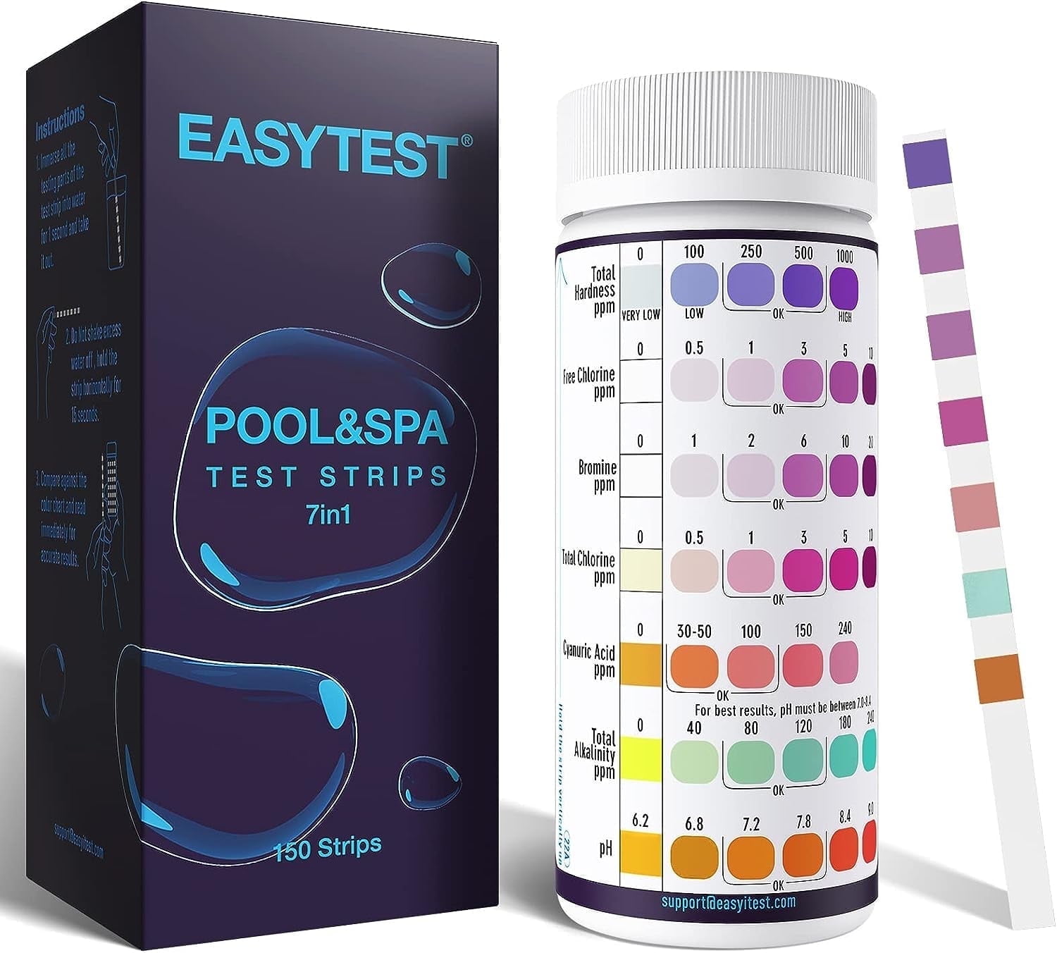 EASYTEST 7-Way Pool and Spa Test Kit, 150 Strips, Check Bromine, pH ...