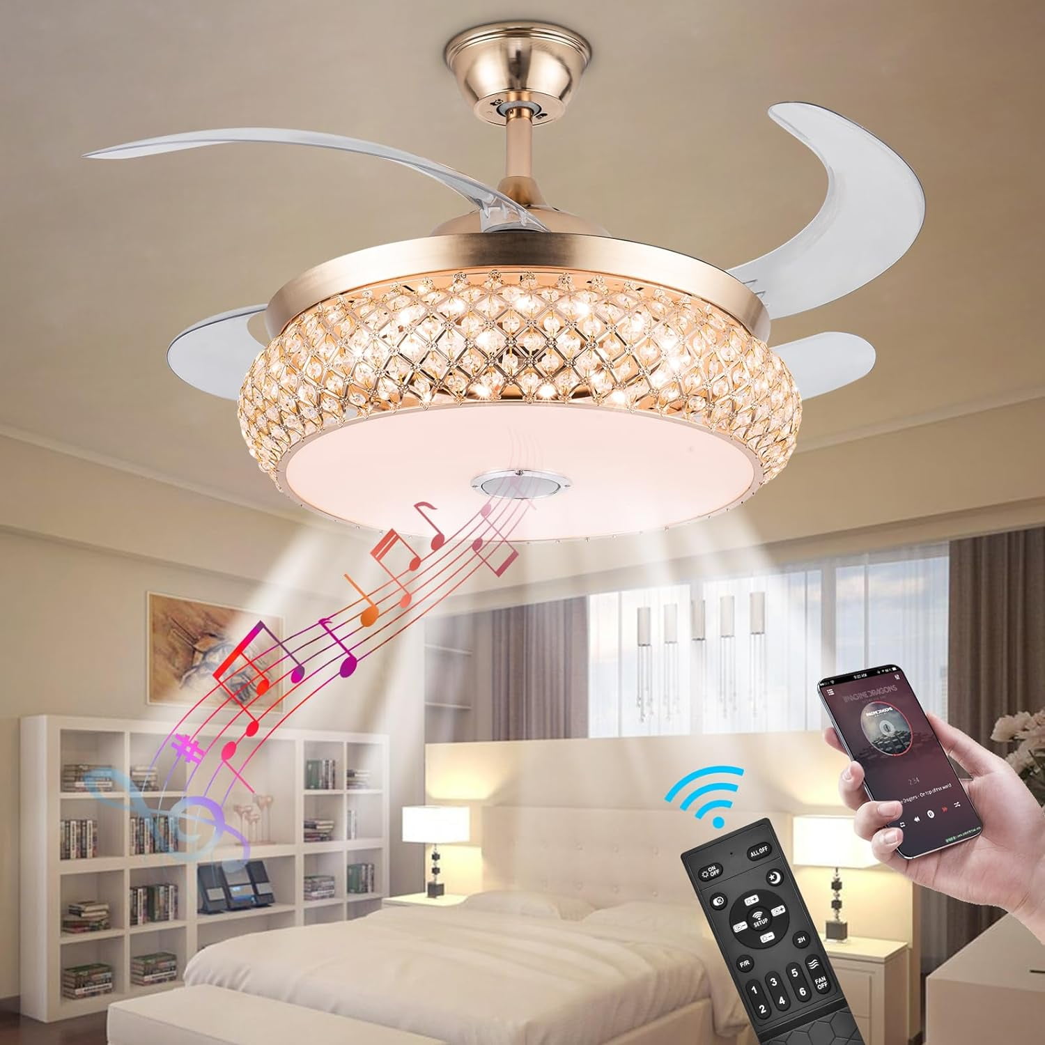 EAYSG 42 Inch Invisible Fan with Light, Bluetooth Speaker, Crystal ...