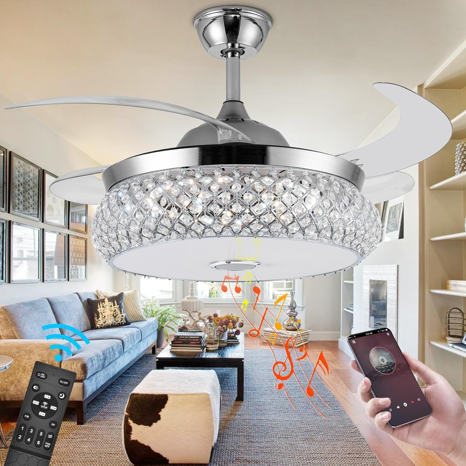 EAYSG 42inch Invisible Ceiling Fan Chandelier with Light and Bluetooth ...