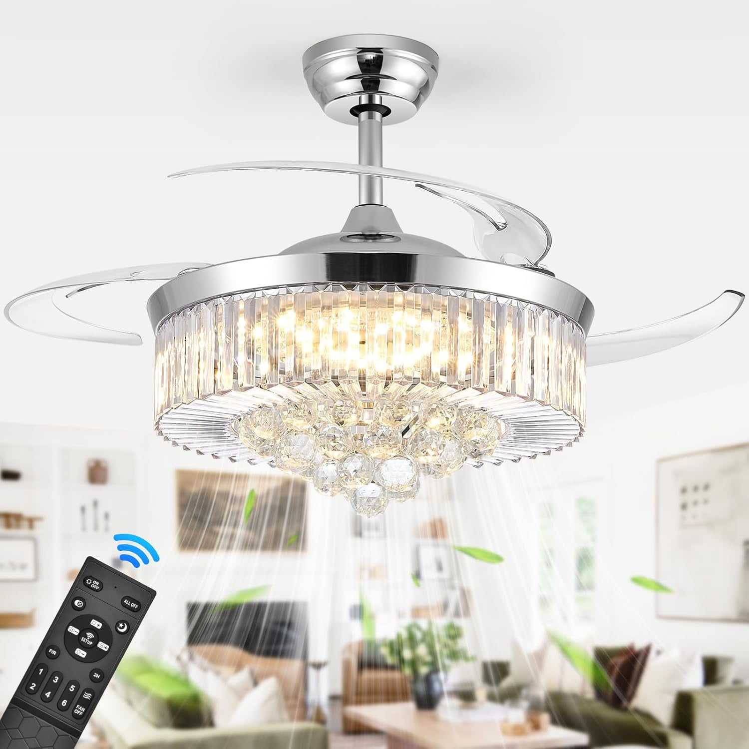 EAYSG 48'' Crystal Ceiling Fan Light , 6 Speeds & 3-Tone Lighting ...