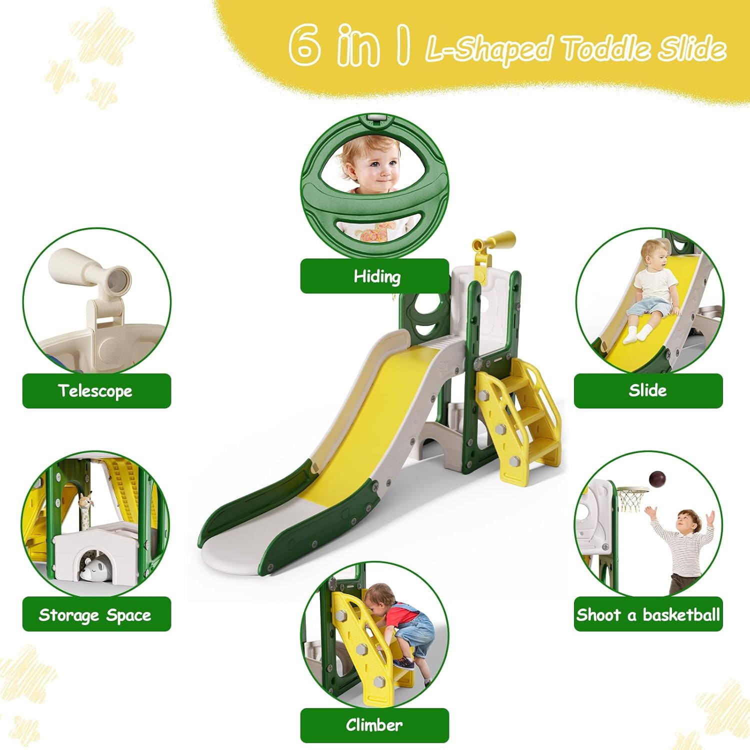 EAYSG 6 in 1 Toddler Slide for Toddlers Age 1-3,Sturdy Toddler Slide with Basketball Hoop ...