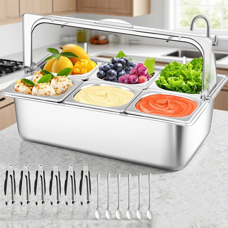 EAYSG 6-Pan Stainless Steel Food Serving Display Container with Clear ...