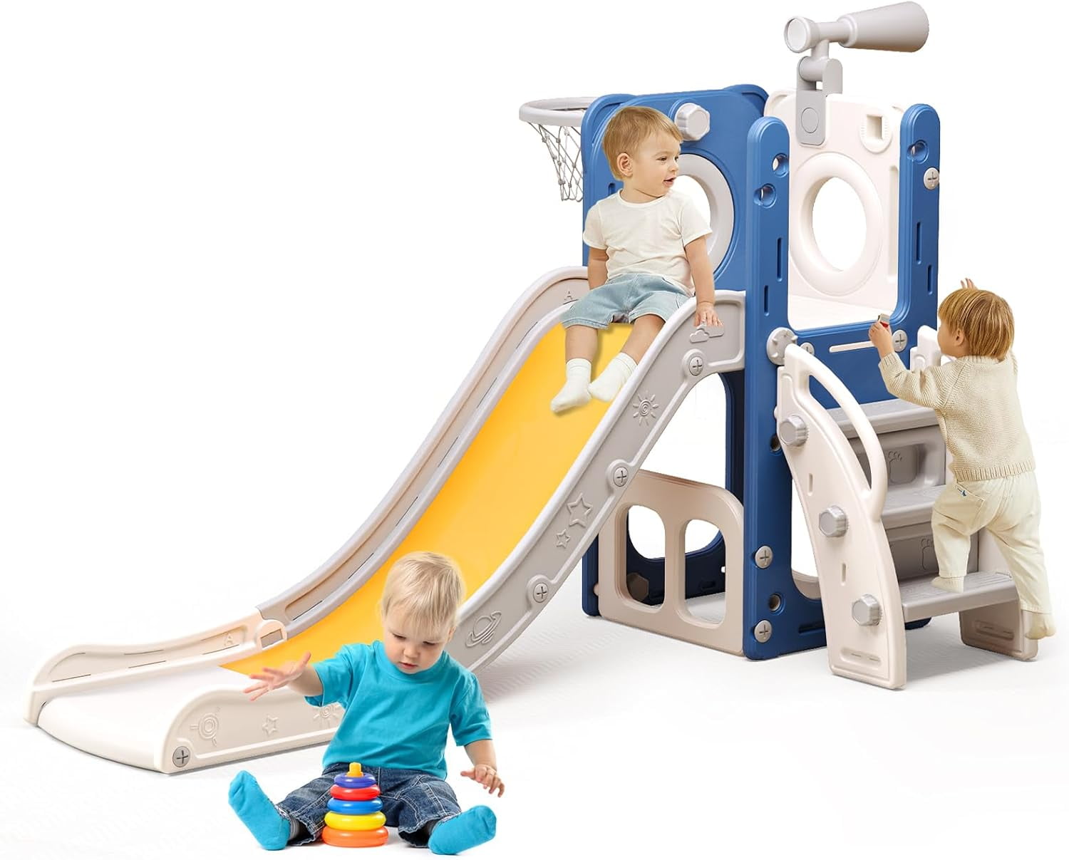 EAYSG 6-in-1 Toddler Slide Playset with Basketball Hoop & Ring Toss ...