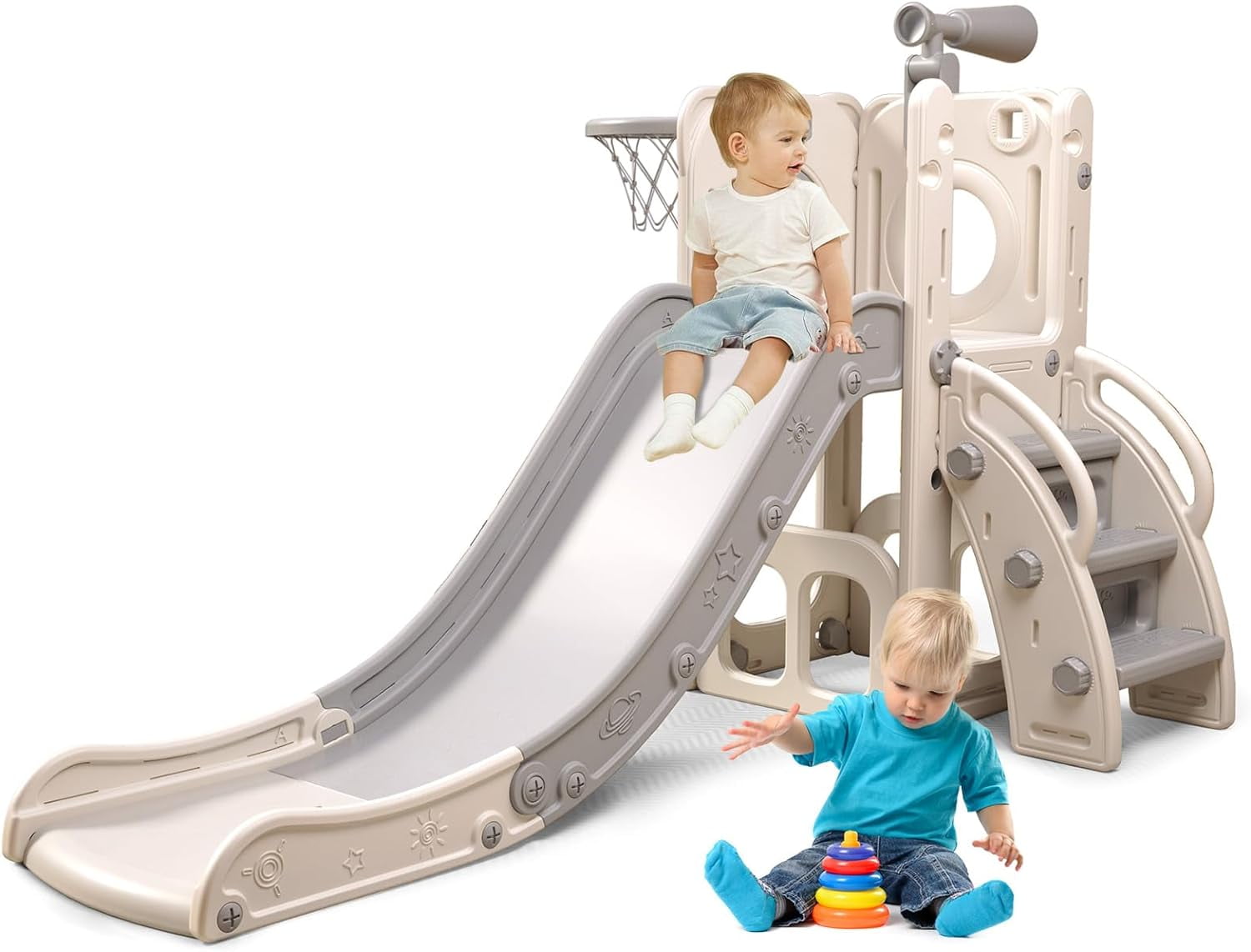 EAYSG 6-in-1 Toddler Slide Playset with Basketball Hoop & Ring Toss ...