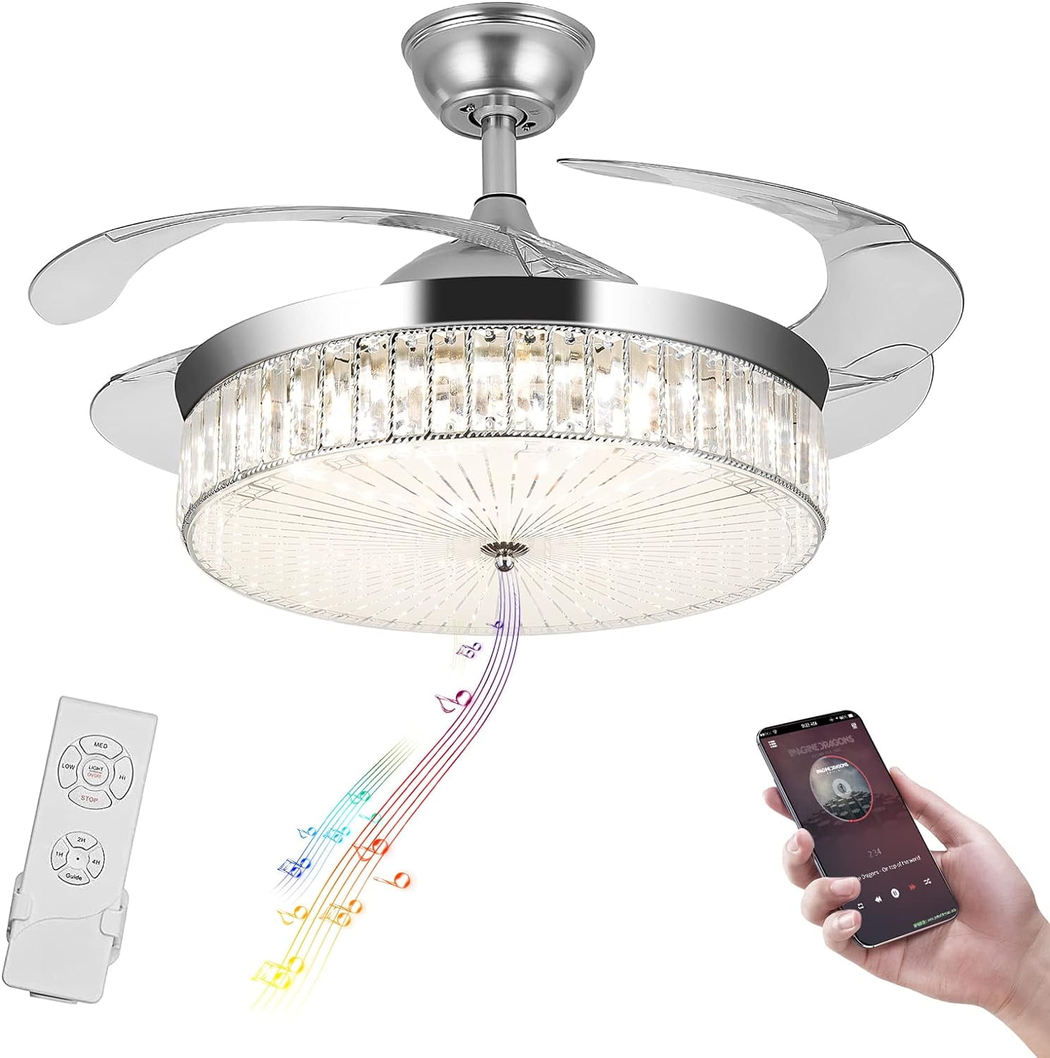 EAYSG 42 Inch Bluetooth Speaker Bedroom Ceiling Fan with 3 Color Light ...
