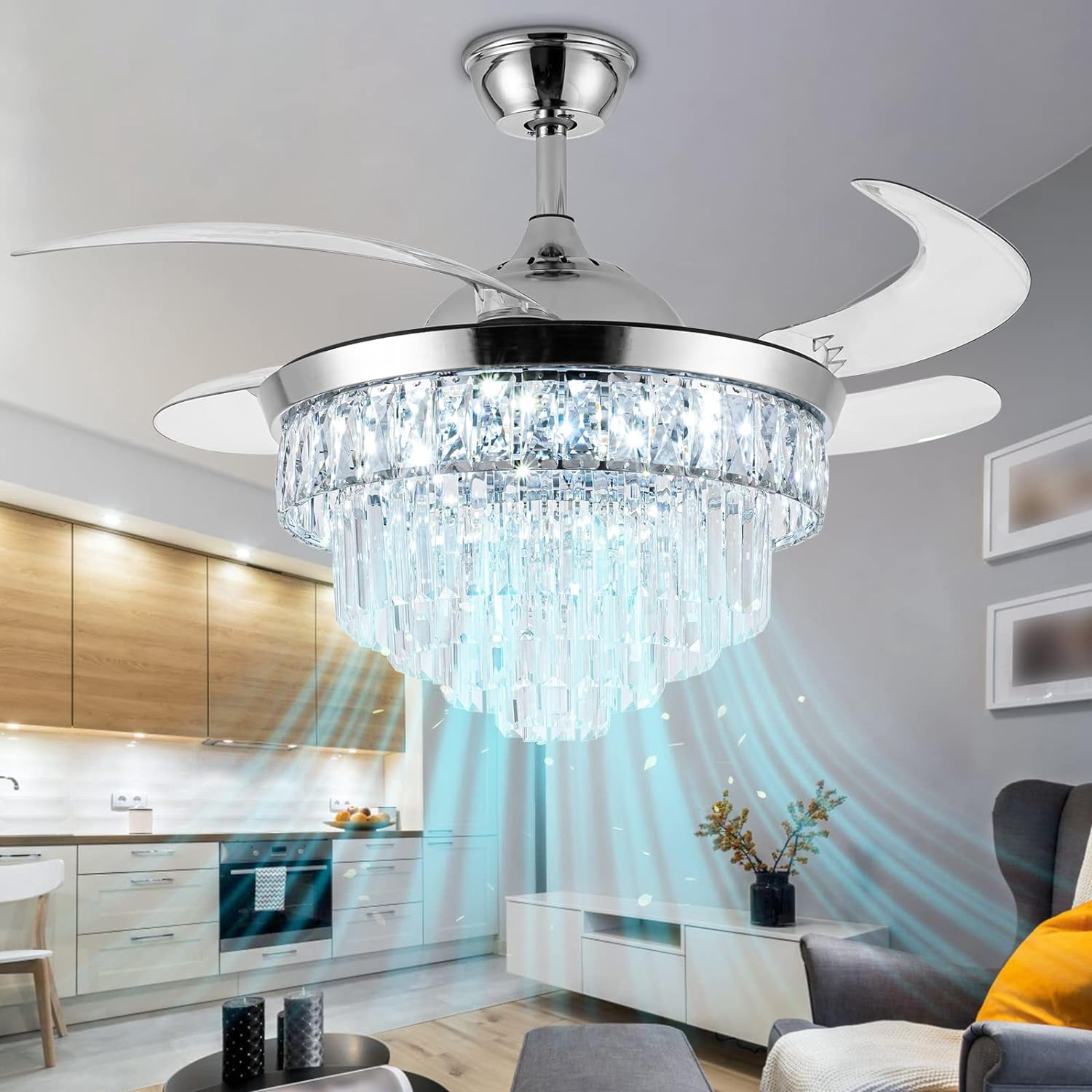 EAYSG Crystal Ceiling Fan with Light,42 Inch Dimmable Crystal Fandelier ...