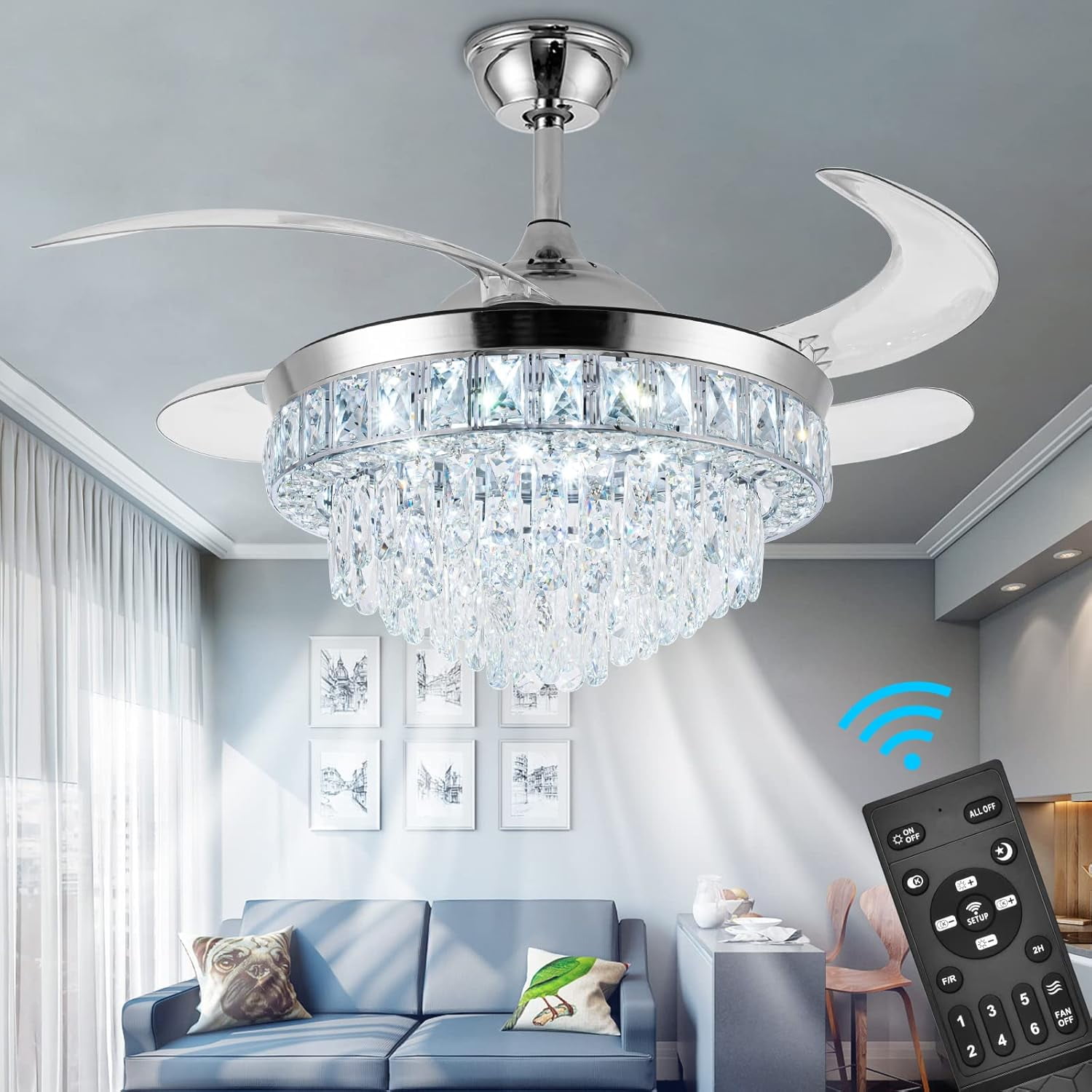 EAYSG Crystal Ceiling Fan with Light,42Inch Crystal Fandelier, Modern ...