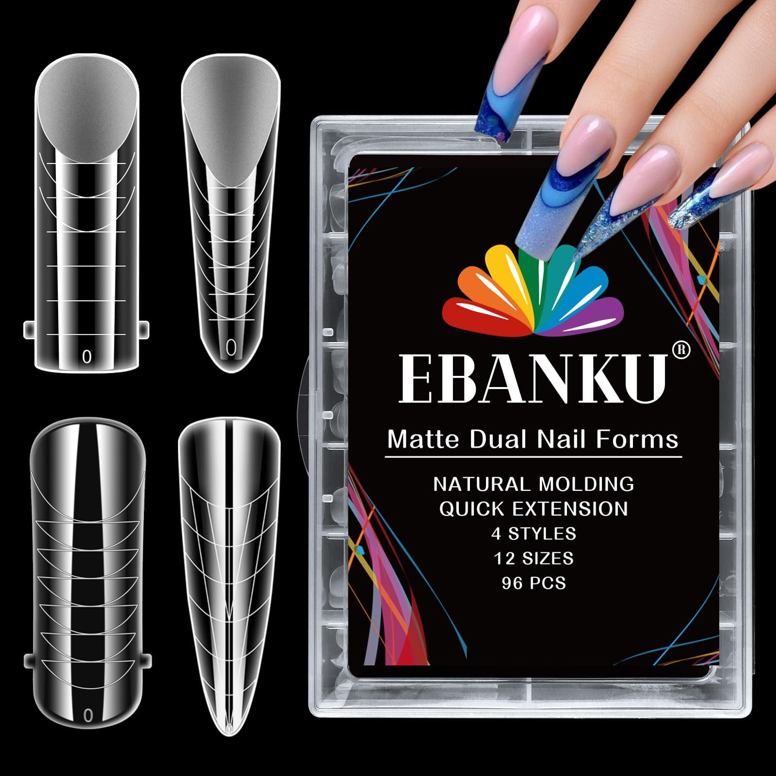 EBANKU Clear Matte Poly Gel Nail Forms 4 Styles, 96PCS Dual Nail Forms ...