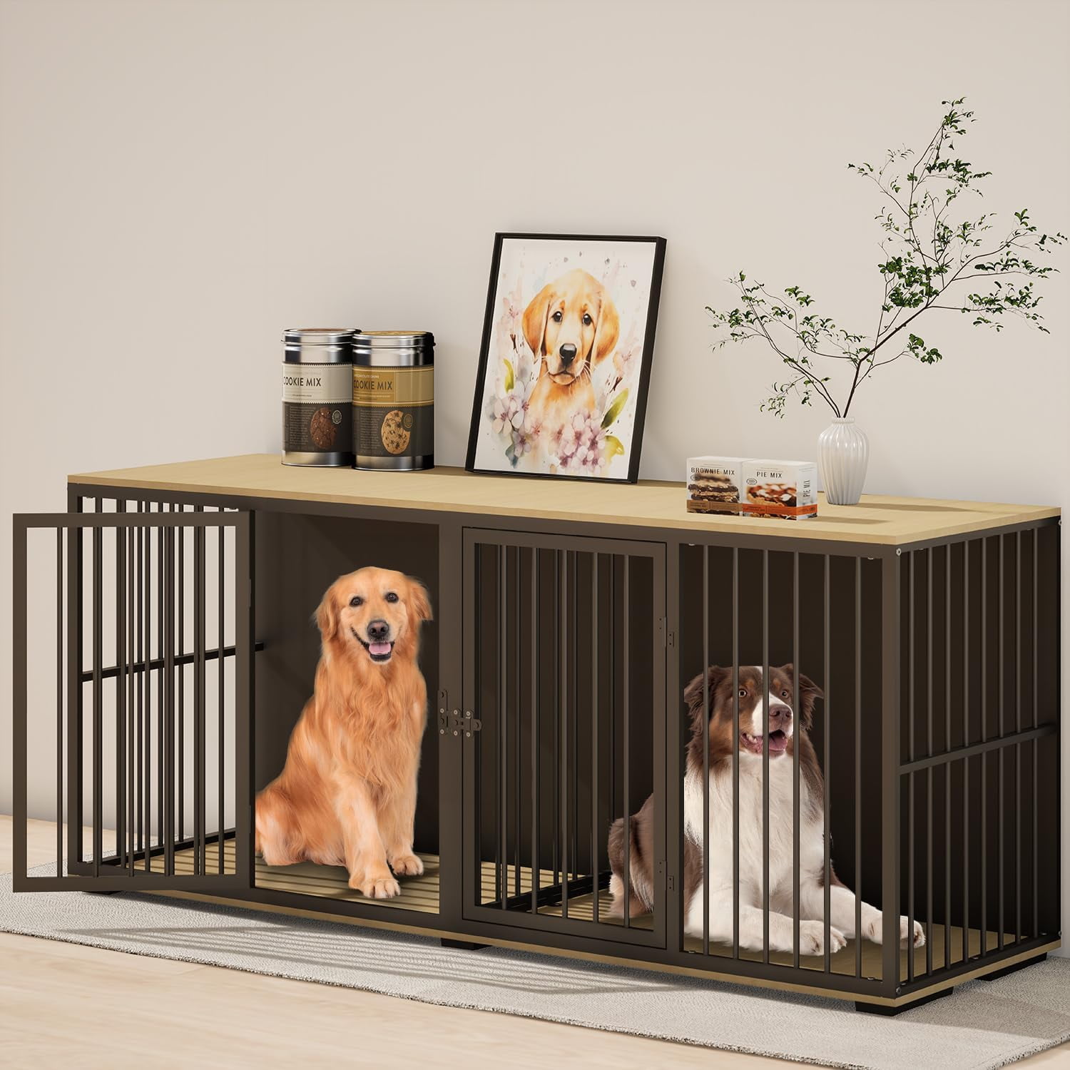 EBE Dog Crate Furniture, 71.6'' Metal Steel Frame Double Dog Kennel with 2 Rooms and Removable ...