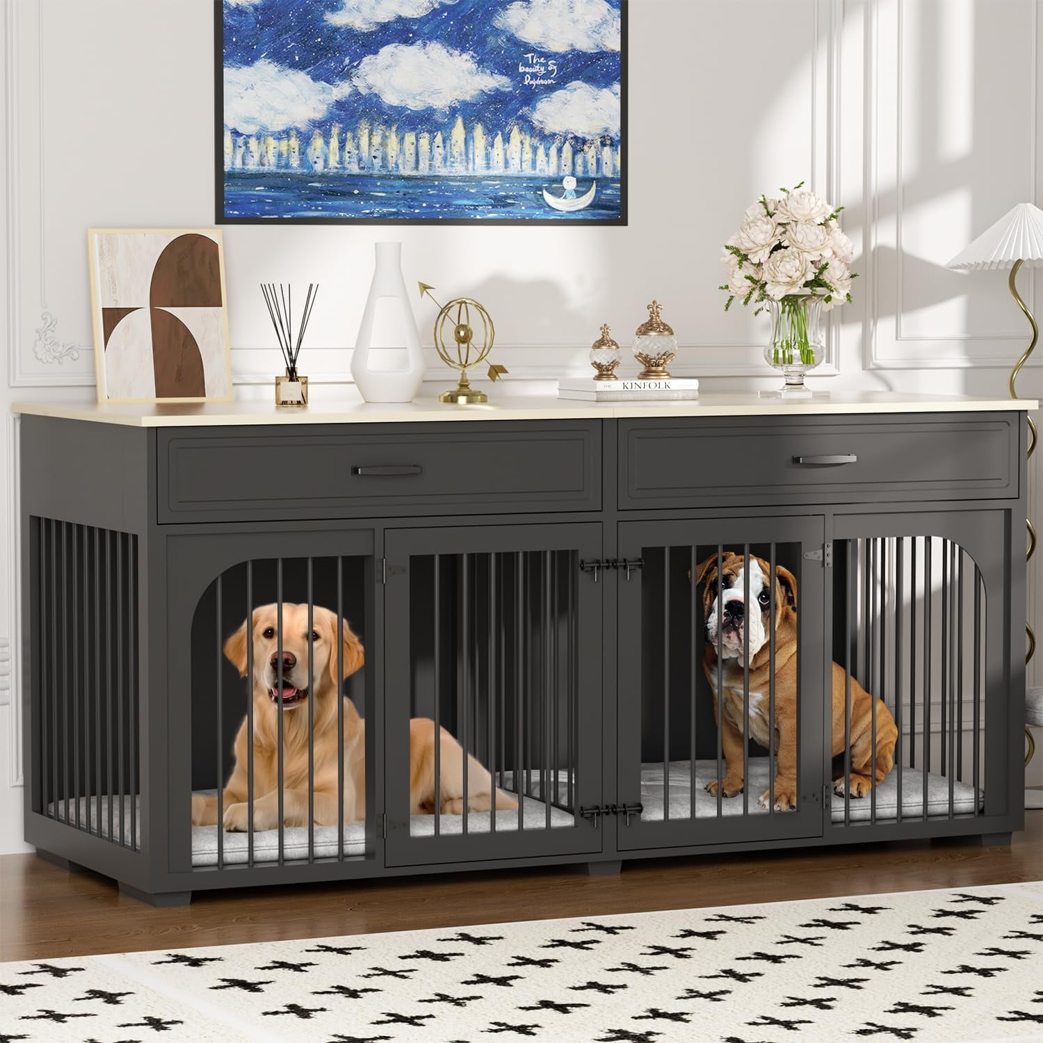 EBE Dog Crate Furniture, 74.8''Wooden Dog Crate with 2 Drawers and Removable Divider, Heavy Duty ...