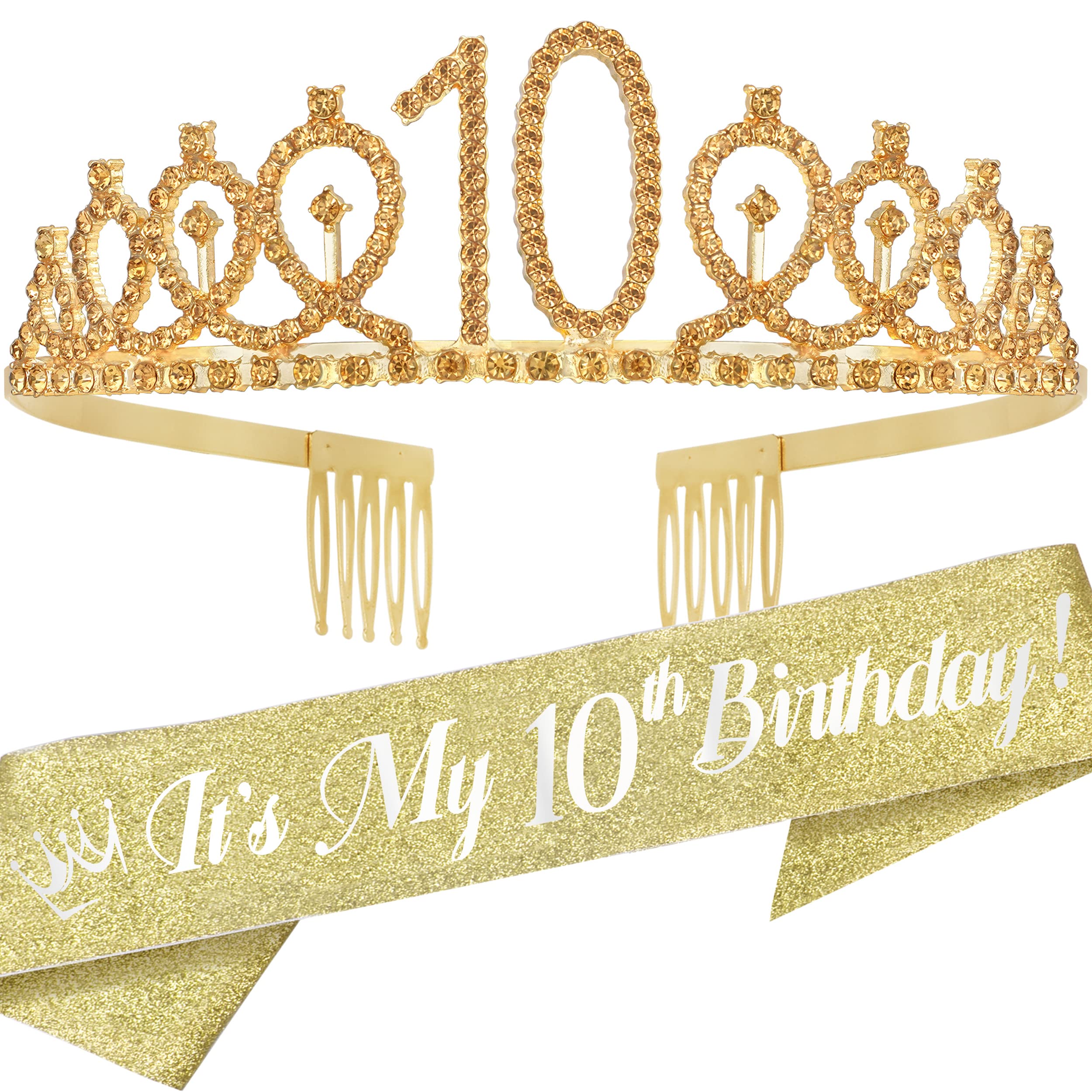 EBE EmmasbyEmma 10th Birthday Gold Tiara, Crown & Sash Set for Girls ...