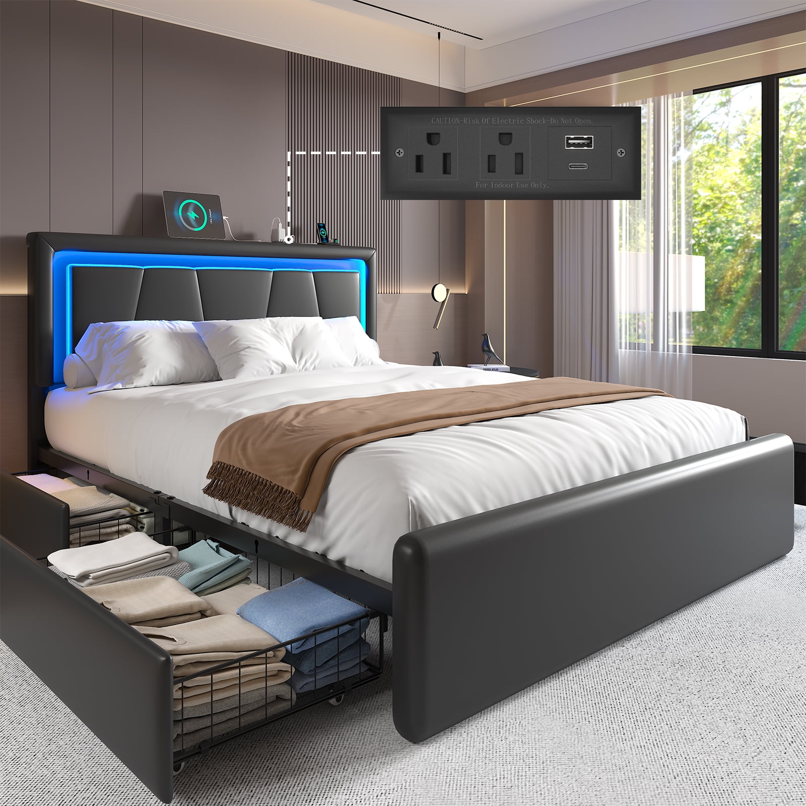 EBERY Full Bed Frame with 4 Storage Drawers & LED Headboard ...
