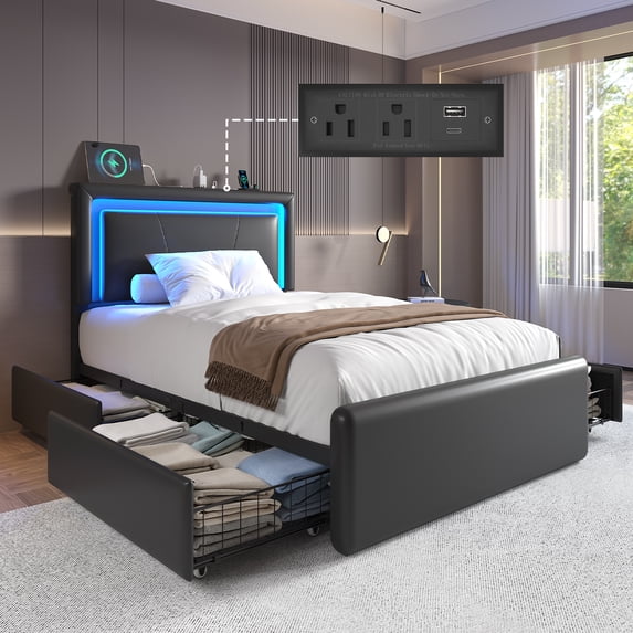 EBERY, Twin Bed Frame with Storage Drawers and LED Headboard, Black ...