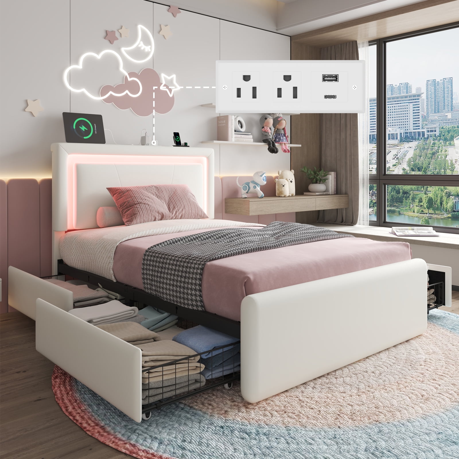 EBERY Twin Bed Frame with 4 Storage Drawers & LED Headboard ...