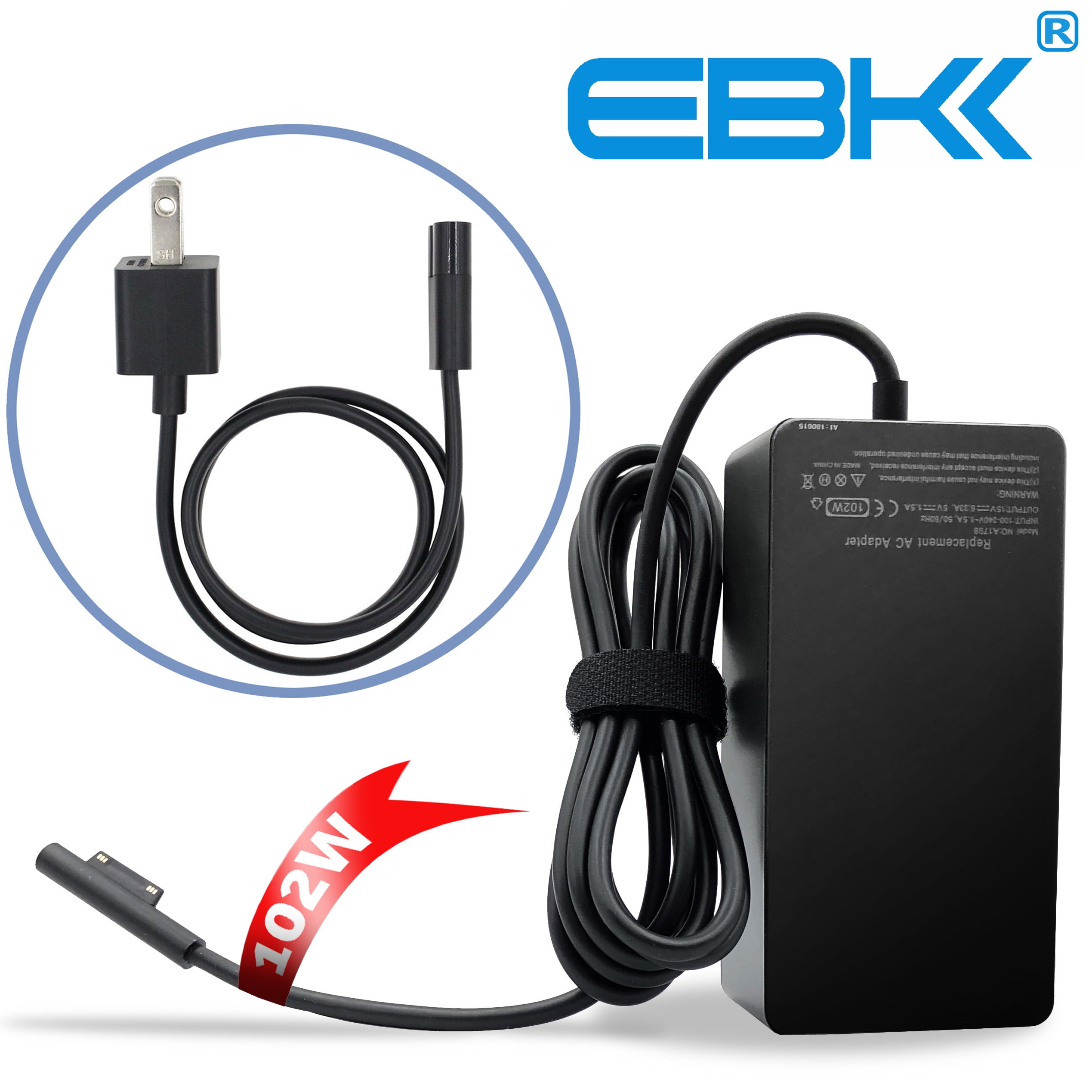 EBK Surface Book 2 Charger, 102W, 15V, 6.33A AC Adapter for Microsoft ...