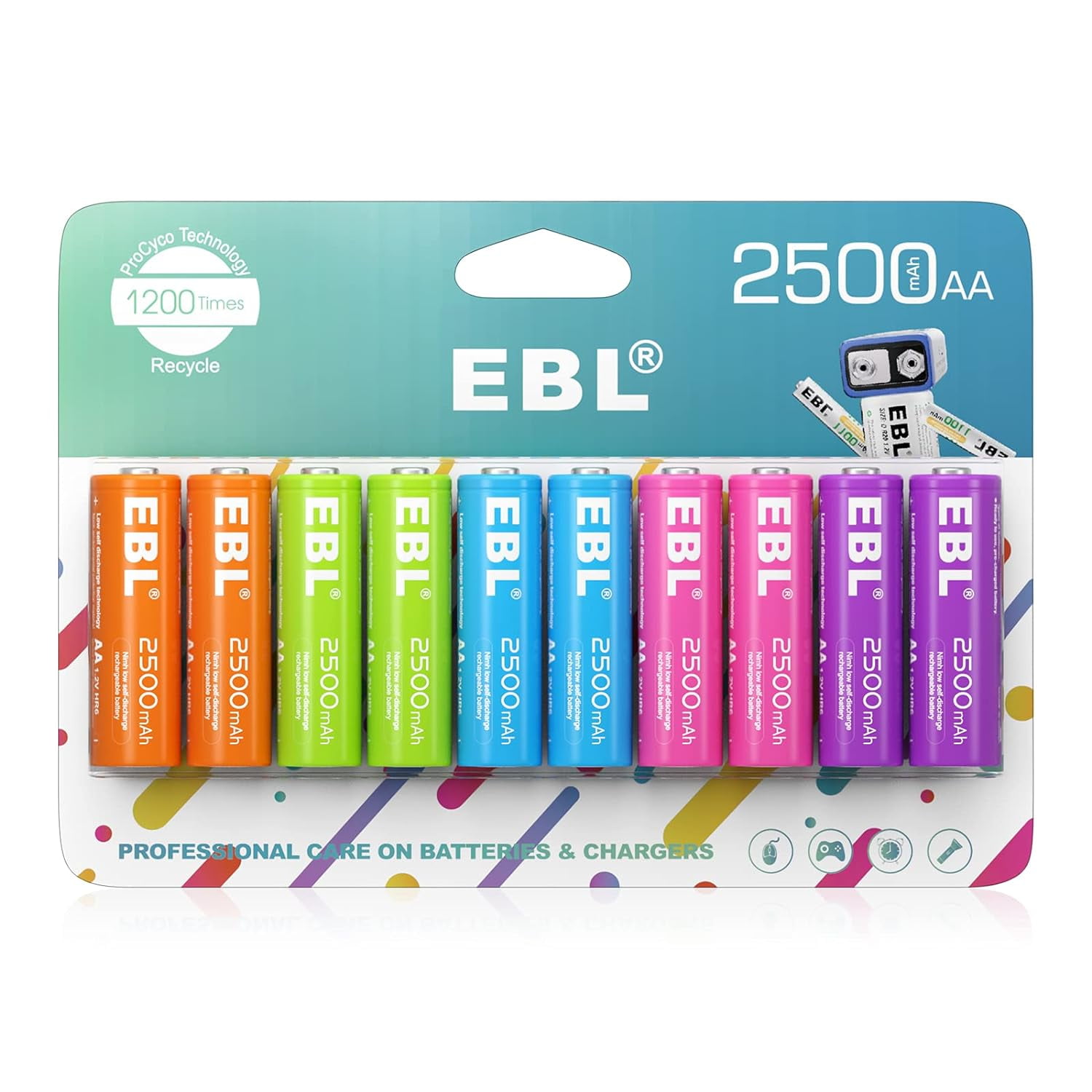EBL 10 Pack Rechargeable AA Batteries 2500mAh 1.2V Ni-MH Double AA ...