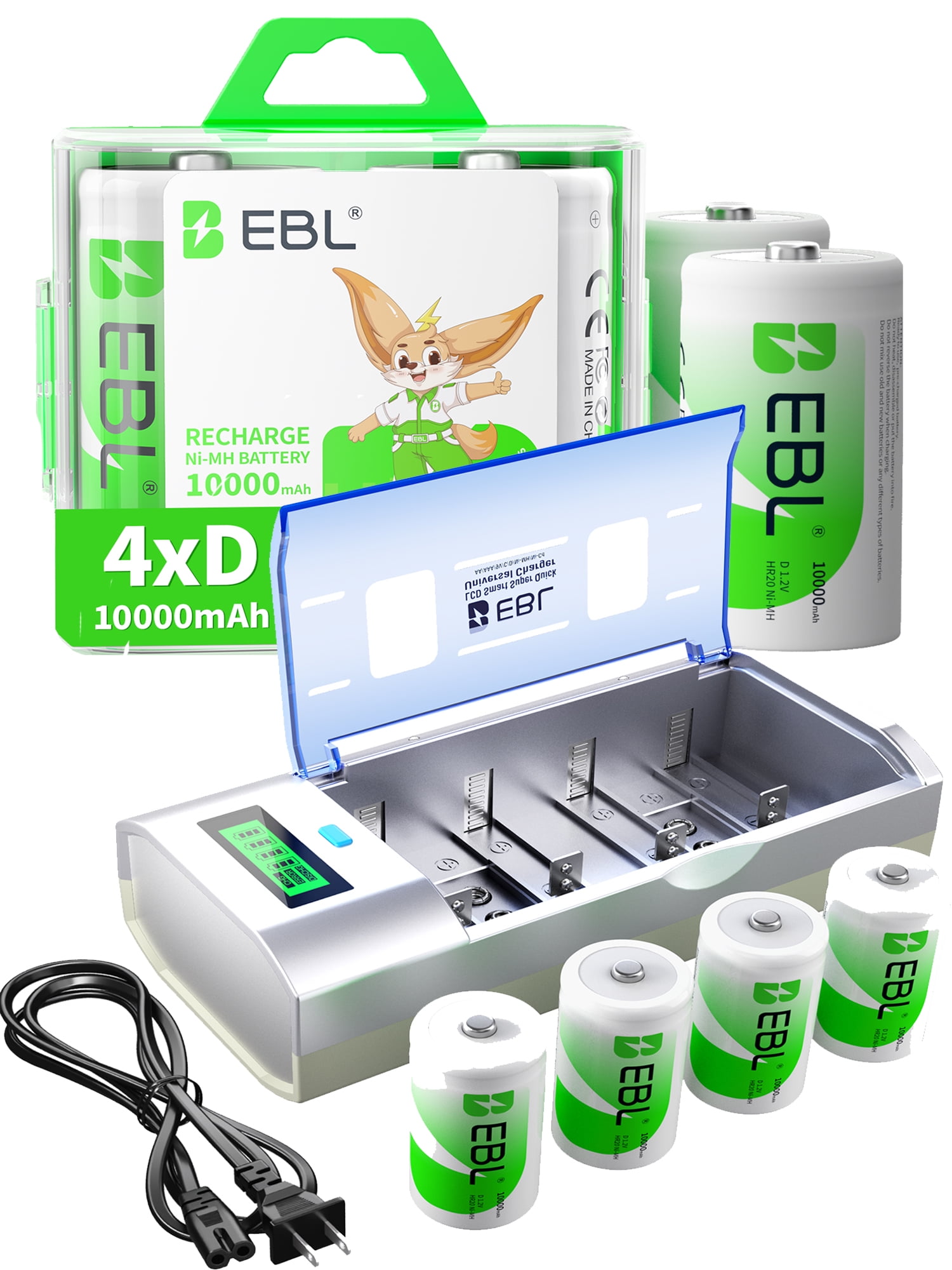 EBL 10000mAh Size D Rechargeable Batteries (8 Pack) with Battery ...