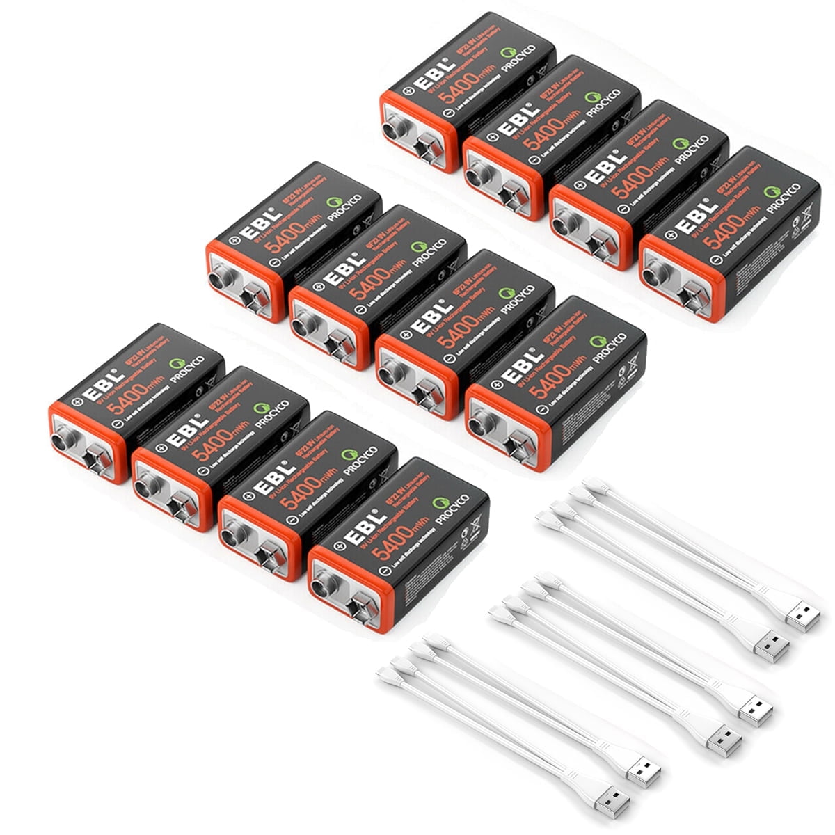 EBL (12 Pack) USB Rechargeable 9V Li-ion Batteries- 5400mWh Long ...