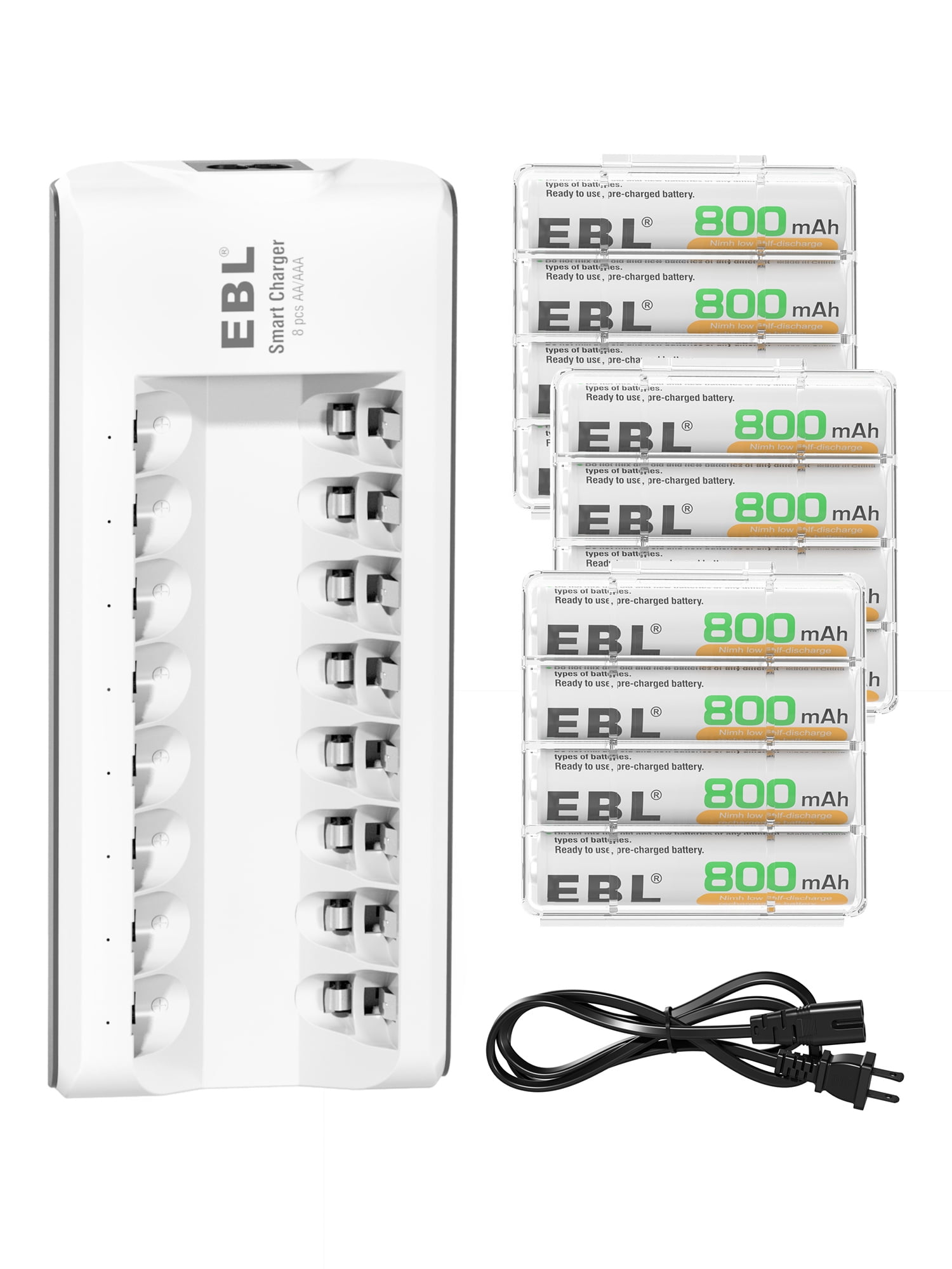 EBL 12 Pack of AAA Batteries NiMH Rechargeable Battery 800mAh with Smart 8-Slot Battery Charger ...