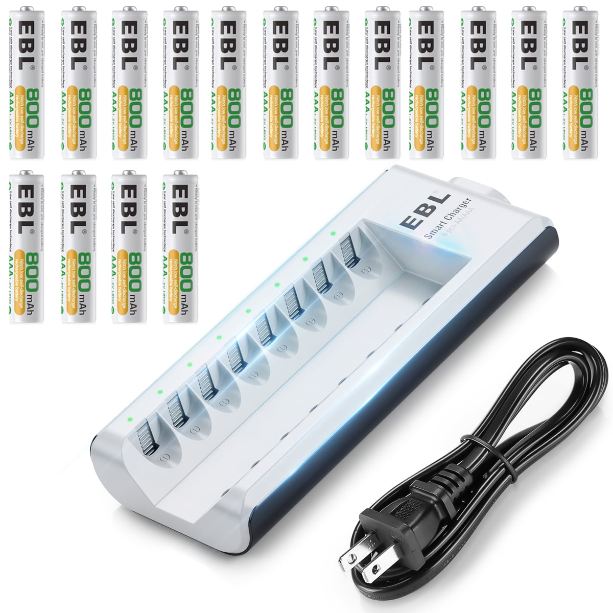 EBL 16 Pack of AAA Batteries NiMH Rechargeable Battery 800mAh with Smart 8-Slot Battery Charger ...