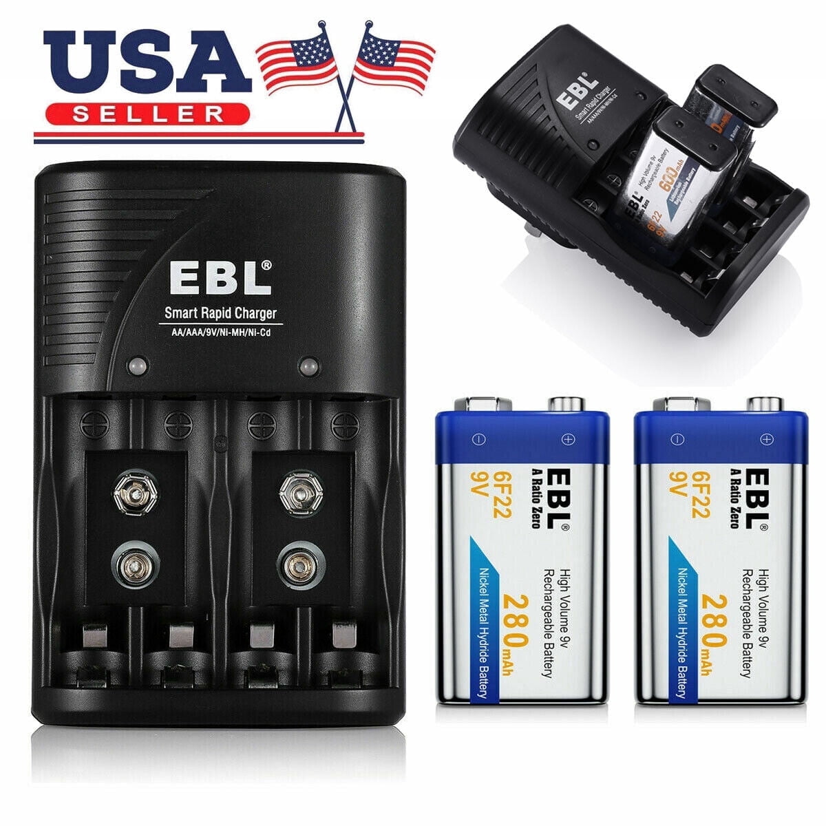 EBL 9V 280mAh NiMH Rechargeable Batteries, 2 Pack, 2-Slot 9V Battery ...