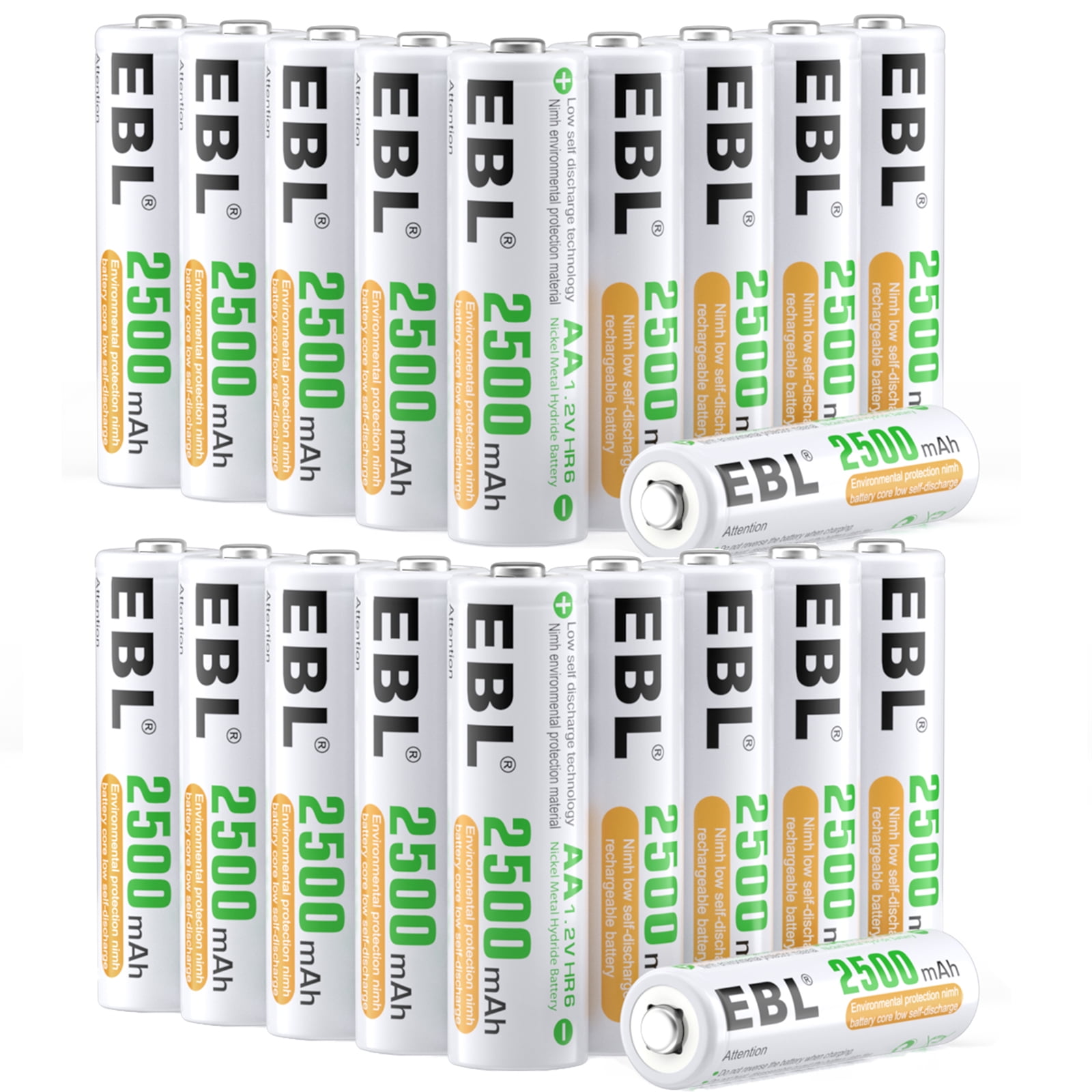 EBL 20 Counts AA Batteries 2500mAh 1.2V High Performance Precharged Ni ...