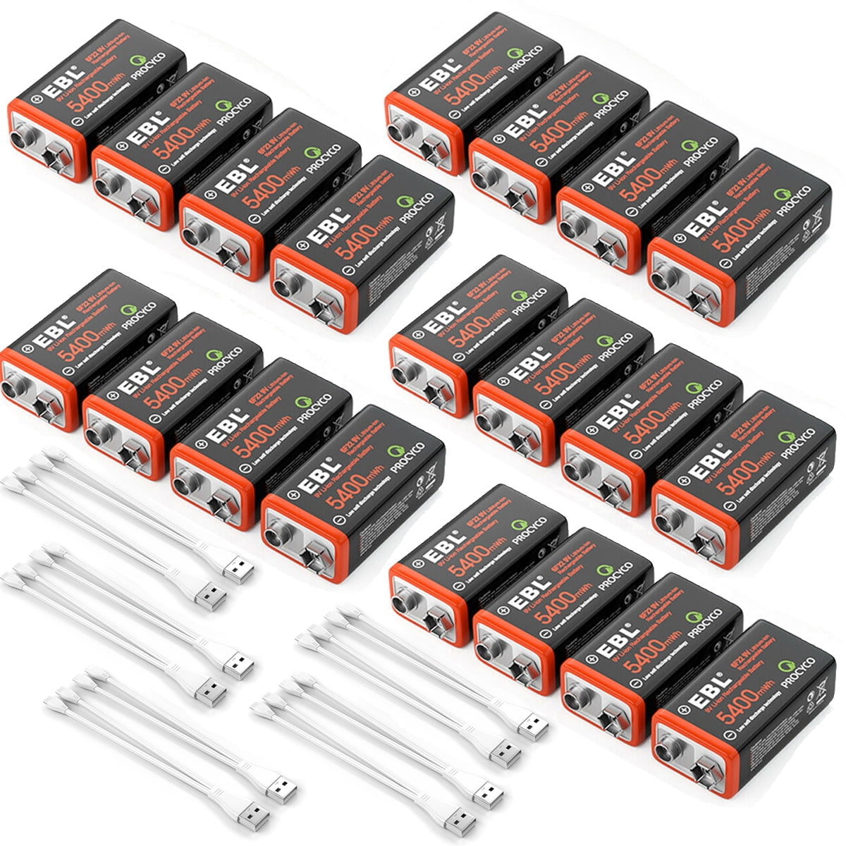 EBL (20 Pack) USB Rechargeable 9V Li-ion Batteries- 5400mWh Long ...