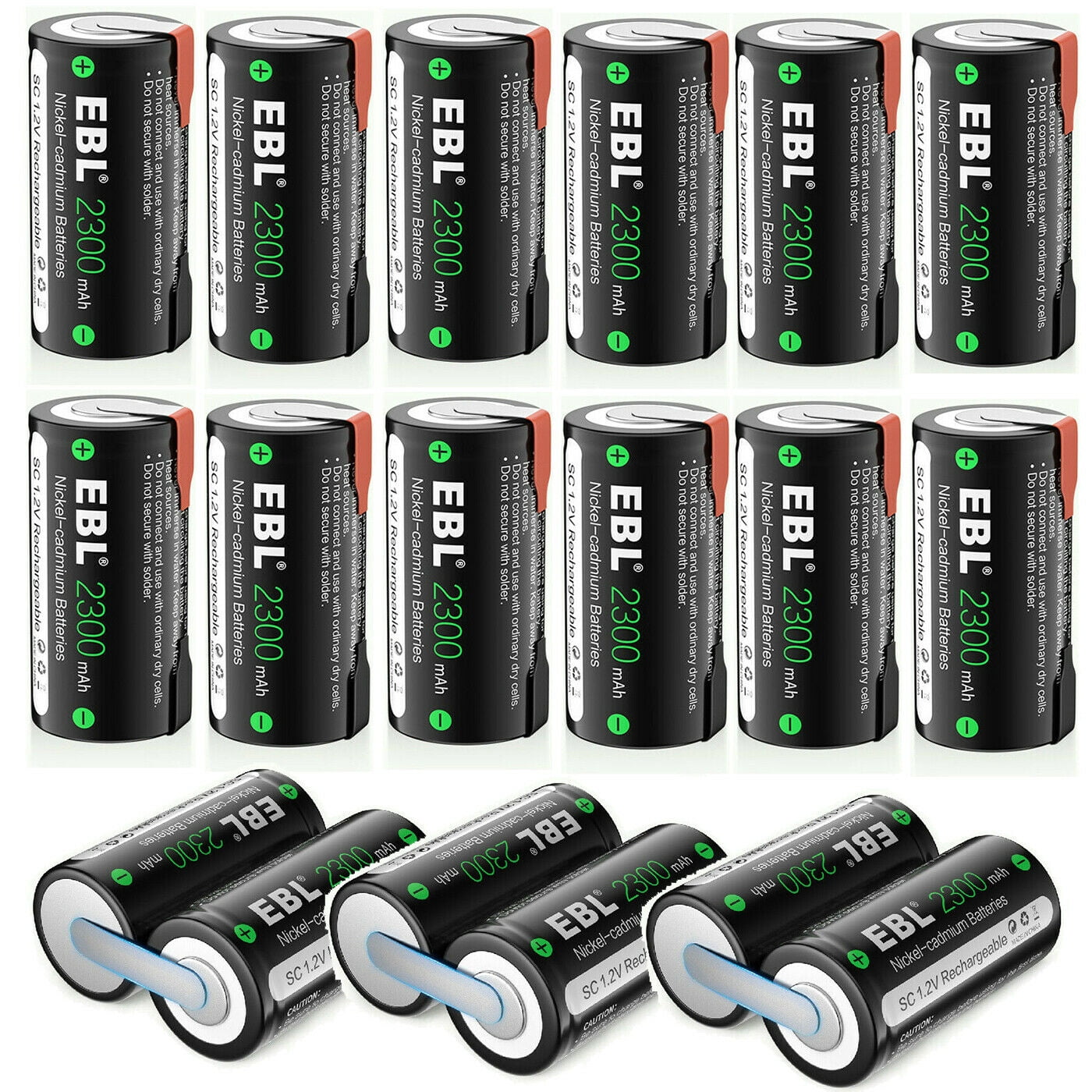 EBL 2300mAh Sub C NiCd Rechargeable Batteries for Power Tools 1.2V Flat ...