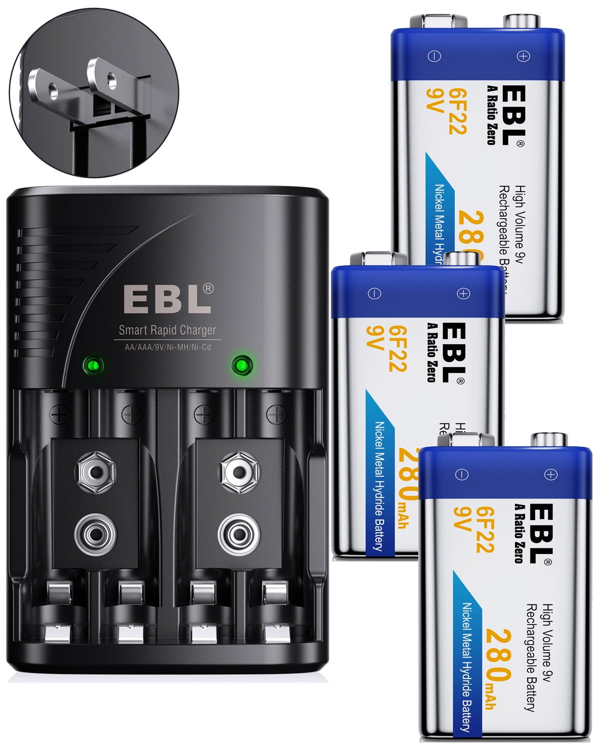 EBL 3 Pack 280mAh 9-Volt NiMH Rechargeable Batteries with 2-Slot 9V ...