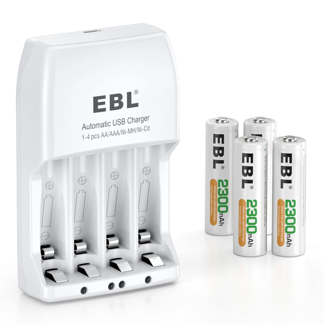 EBL 4 Pack AA Rechargeable Batteries 2300mAh Ni-MH with Cell Battery ...