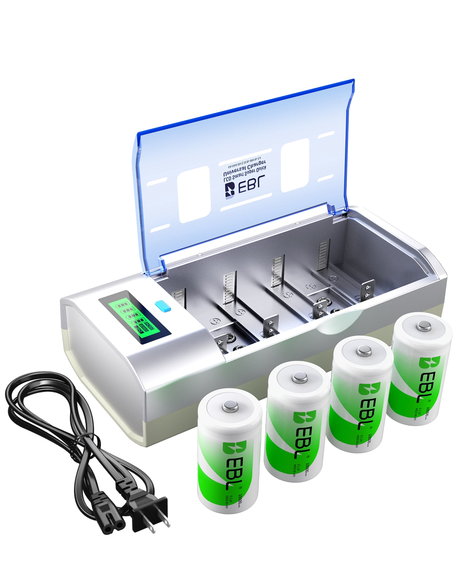 EBL 4 Pack Rechargeable D Batteries, Nimh, 10000 mAh with Battery ...