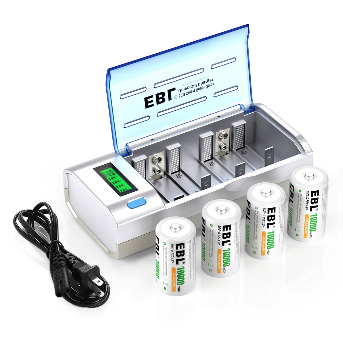 EBL 4 Pack Rechargeable D Batteries, NIMH, 10000 mAh + Battery Charger ...