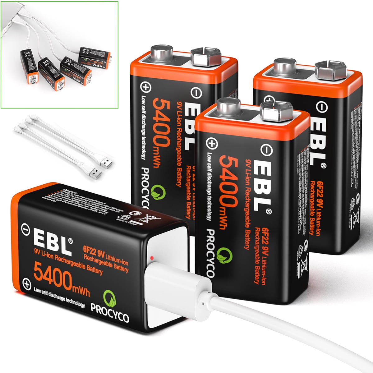 EBL (4 Pack) USB Rechargeable 9V Li-ion Batteries- 5400mWh Long Lasting ...