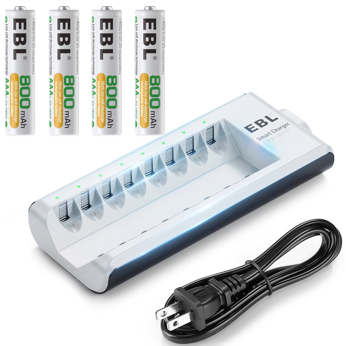 EBL 4 Pack of AAA Batteries NiMH Rechargeable Battery 800mAh with Smart 8-Slot Battery Charger ...
