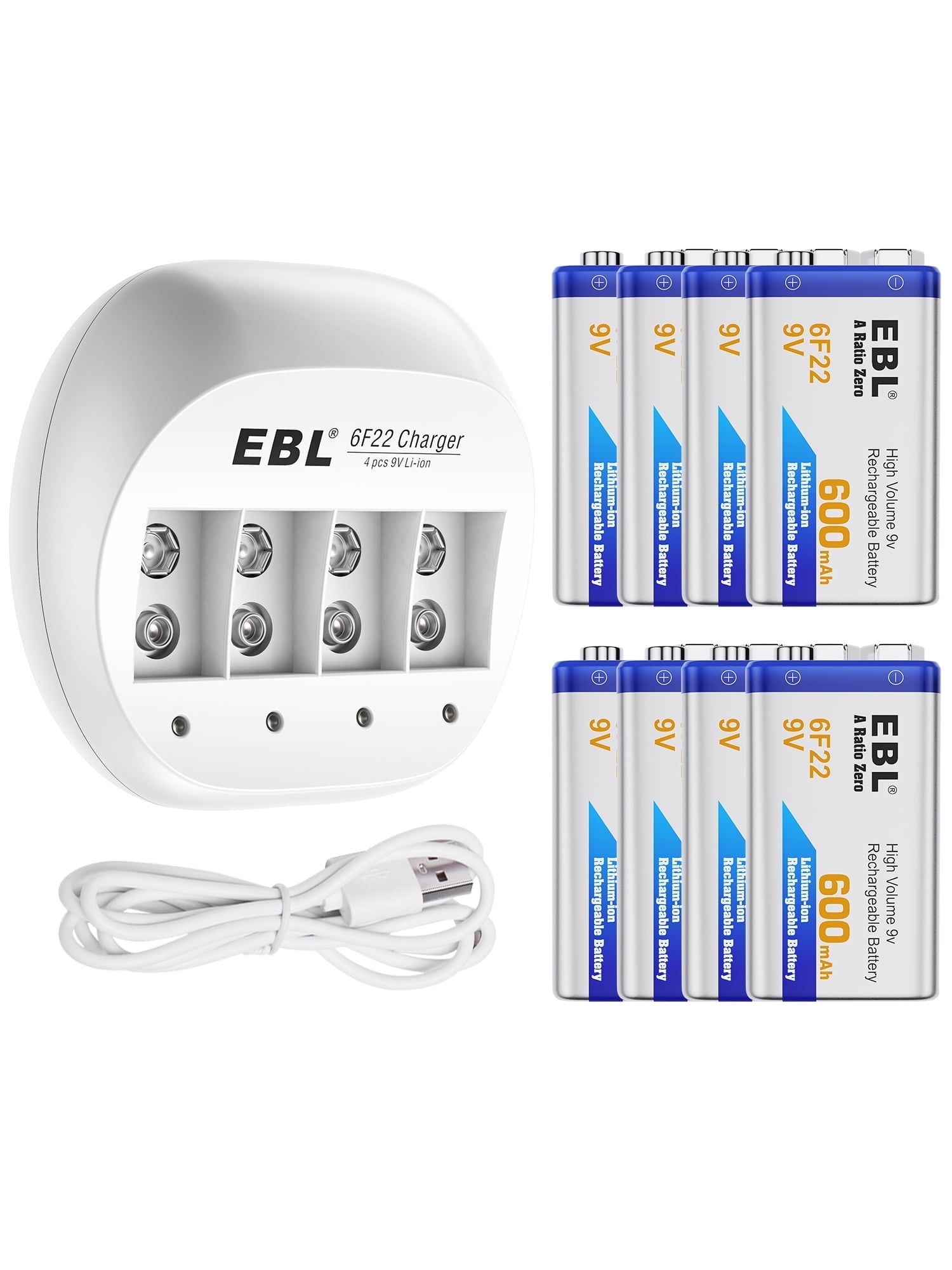 EBL 9v rechargeable batteries 8-Pack , 600mAh 9 Volt Battery with 4 Bay ...