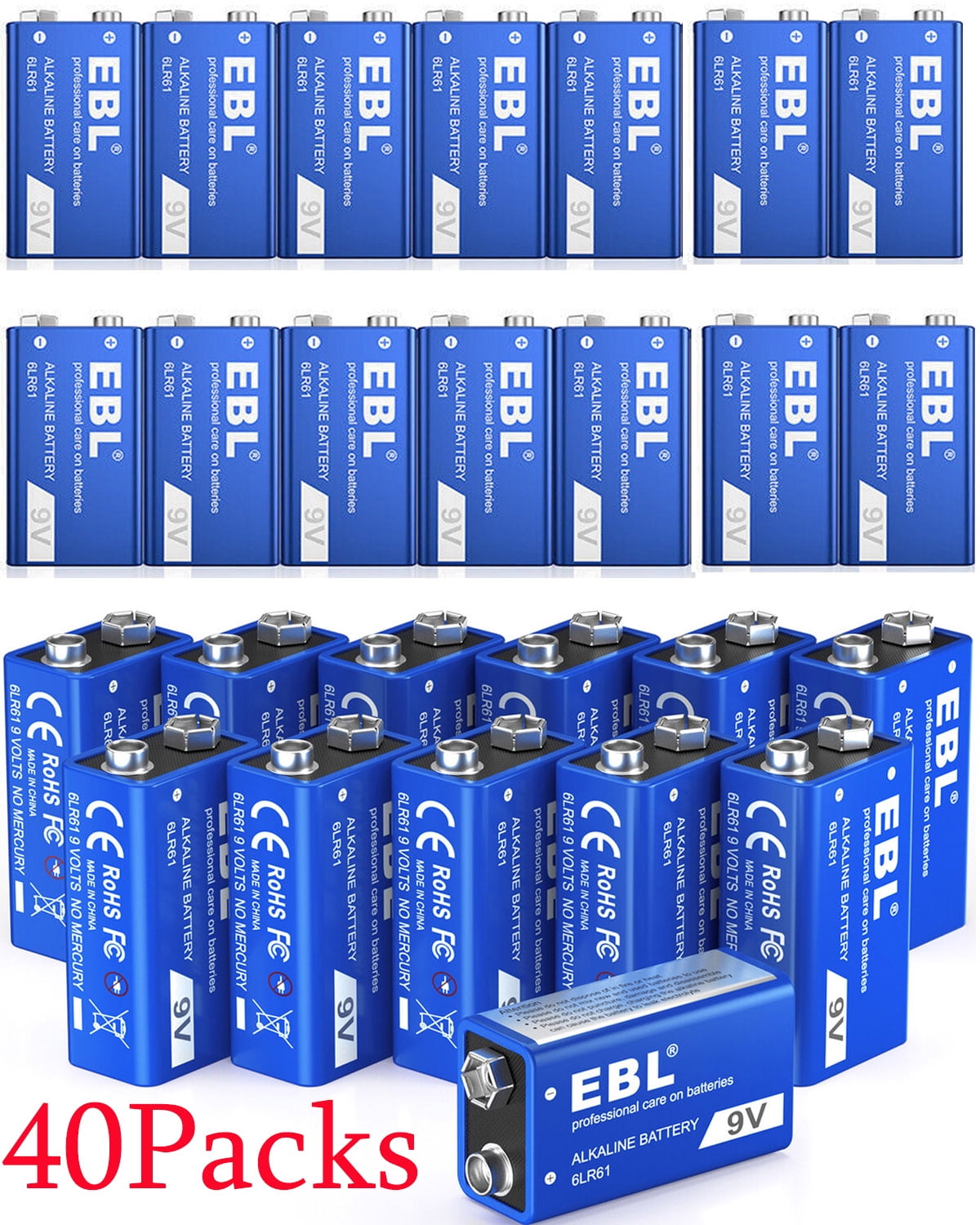 EBL 40Pack 9V 6LR61 9 Volt Alkaline Batteries cells Bulk Long Lasting ...