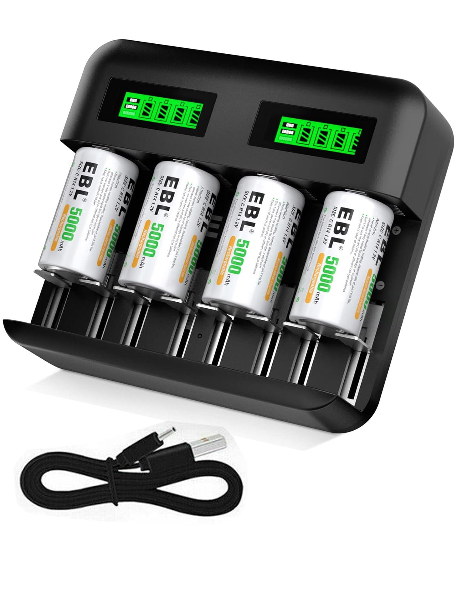 EBL 4Pcs Rechargeable C Cell Batteries with 4-Bay USB Battery Charger ...