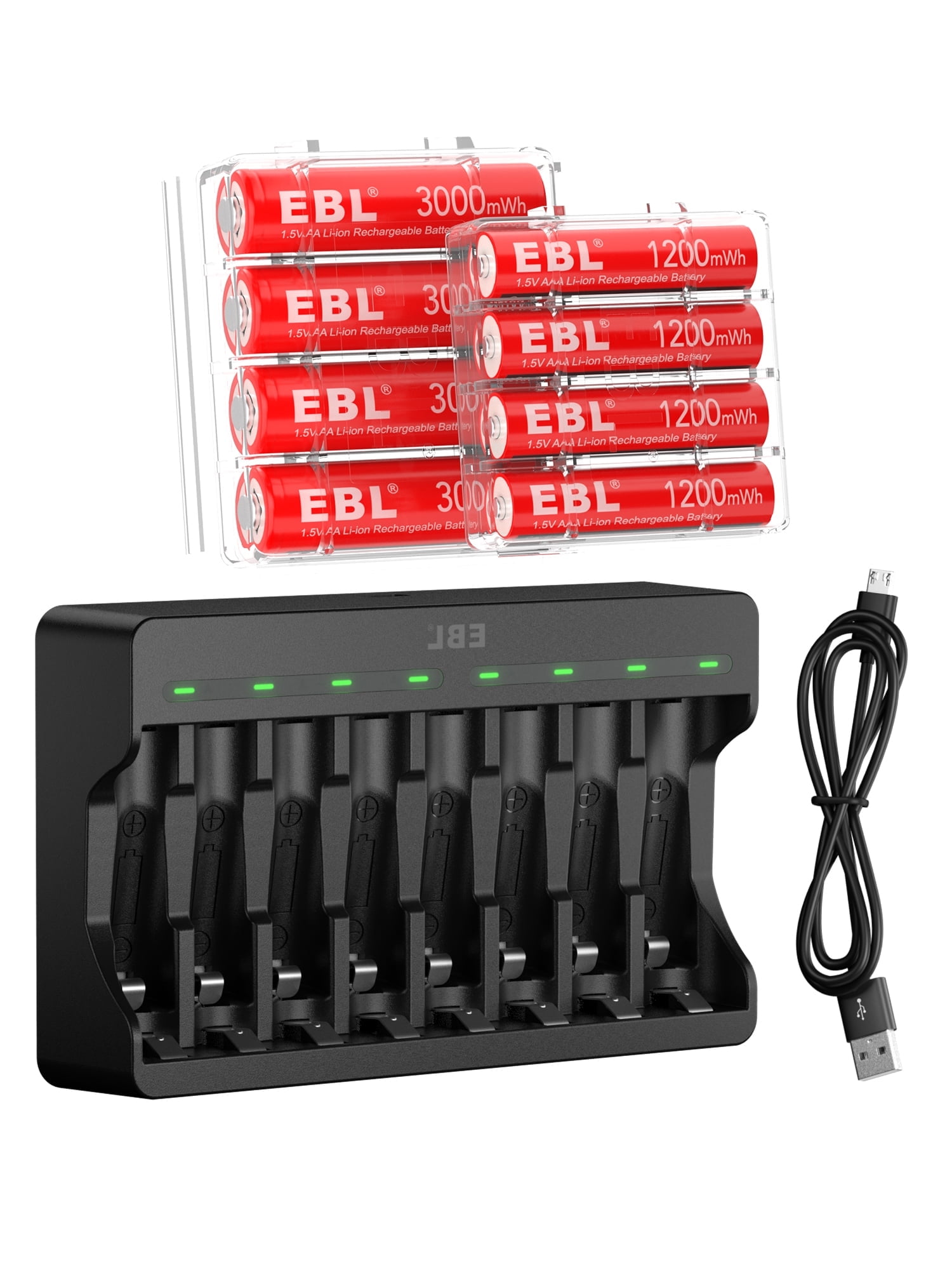 EBL AA and AAA Rechargeable Lithium Batteries, 1.5V, 8-Slot Smart USB ...