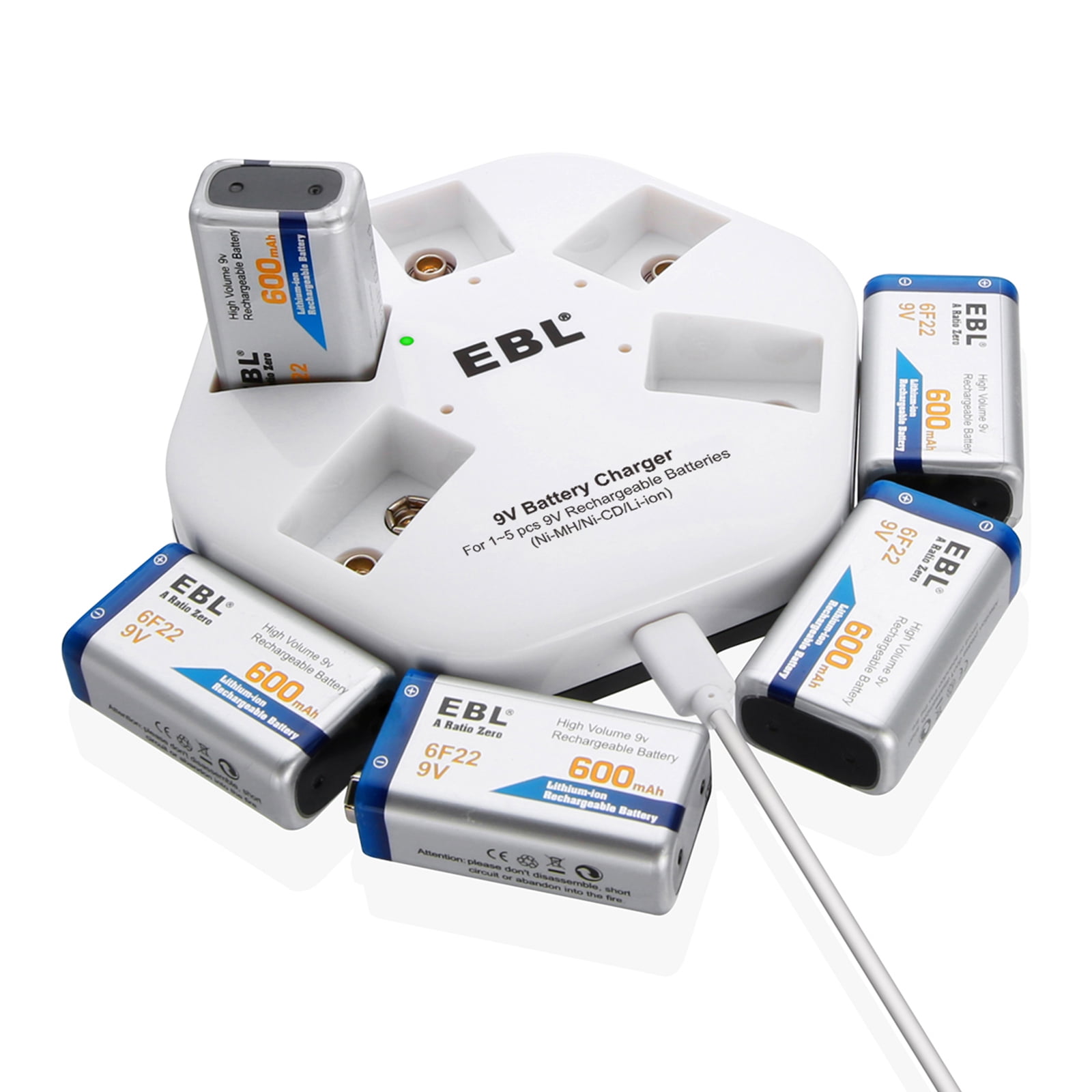 EBL 5 Bay 9V Battery Charger + 9 Volts 600mAh Lithium-Ion Rechargeable ...