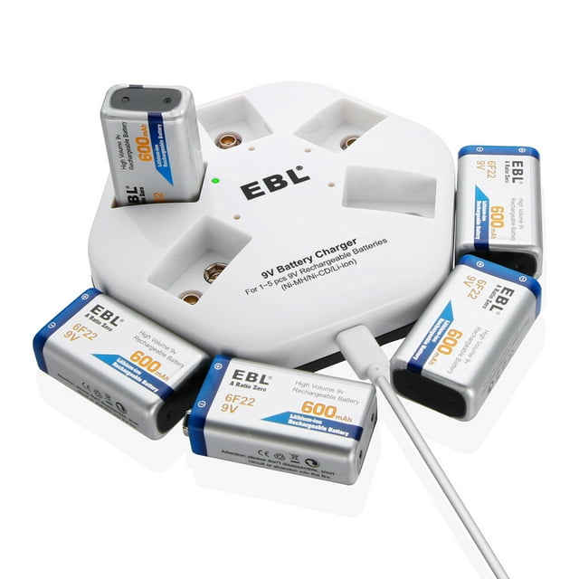 EBL 5 Bay 9V Battery Charger + 9 Volts 600mAh Lithium-Ion Rechargeable ...