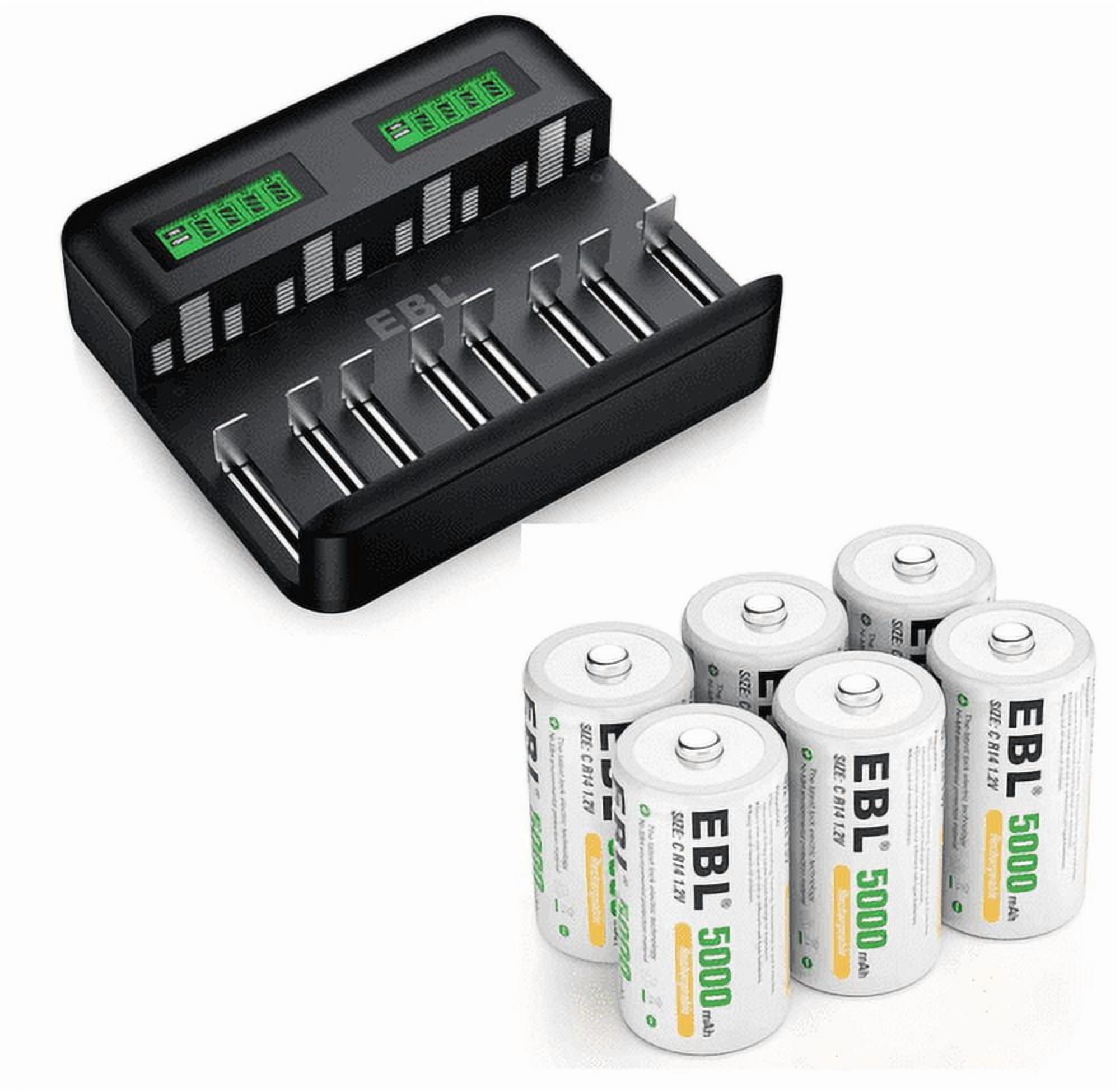 EBL 5000mAh Size C Rechargeable Batteries (6 Pack) with 8 Bay LCD ...