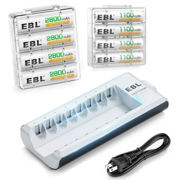 EBL 8 Bay Battery Charger Set Kit with 4-Pack 2800mAh AA & 1100mAh AAA ...